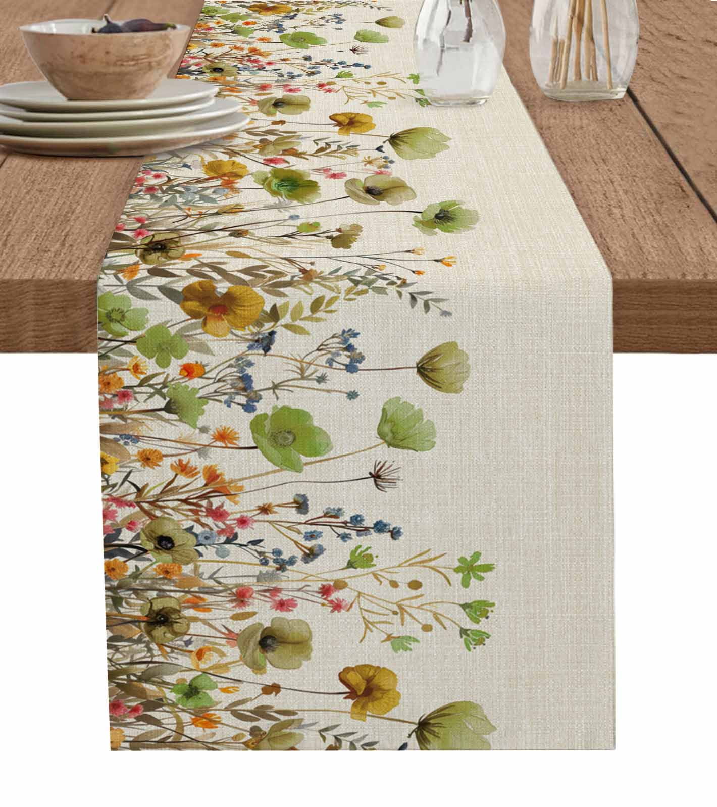 Sage Green Yellow Spring Floral Table Runner Watercolor Botanical ...