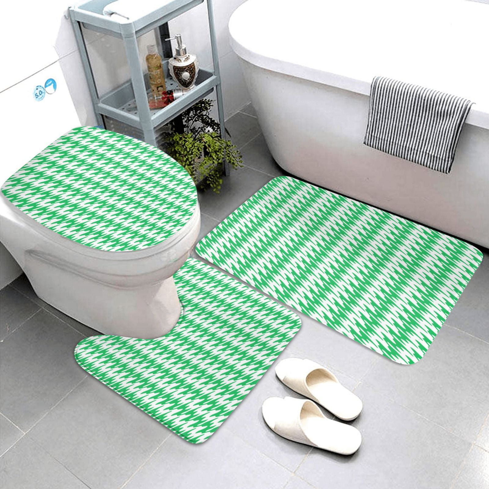 Sage Green and White Ripple Bath Mat Set 3 Piece Non Slip Rug Toilet ...