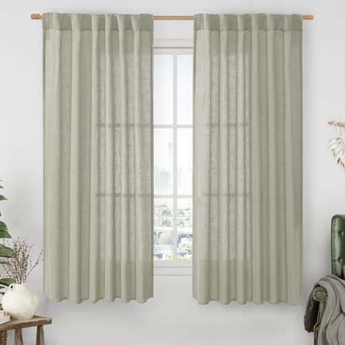 Sage Grey Sheer Linen Curtains 63 Inch for Bedroom, Light Filtering ...