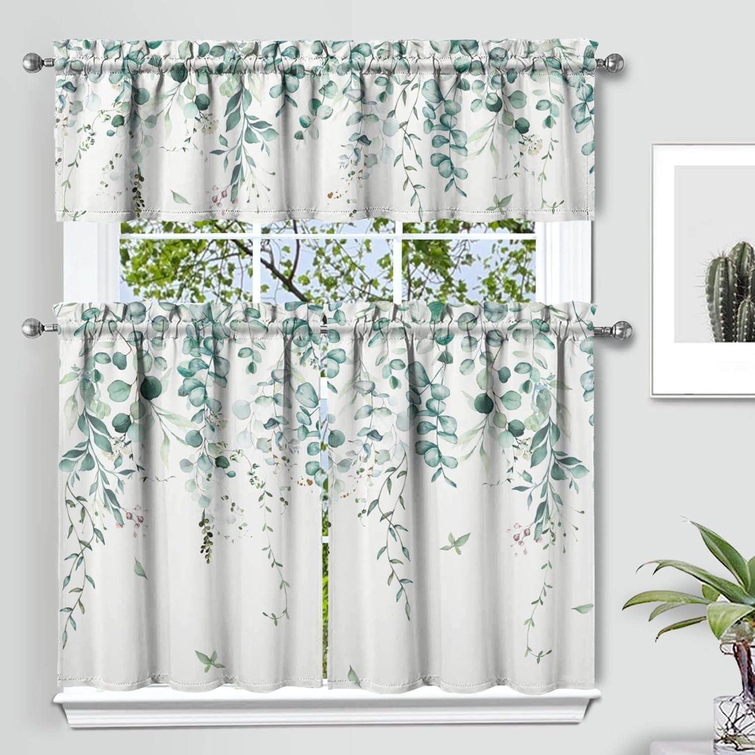 Sage Kitchen Curtain Valance 3 Piece Set, Sage Leaf Floral Kitchen ...