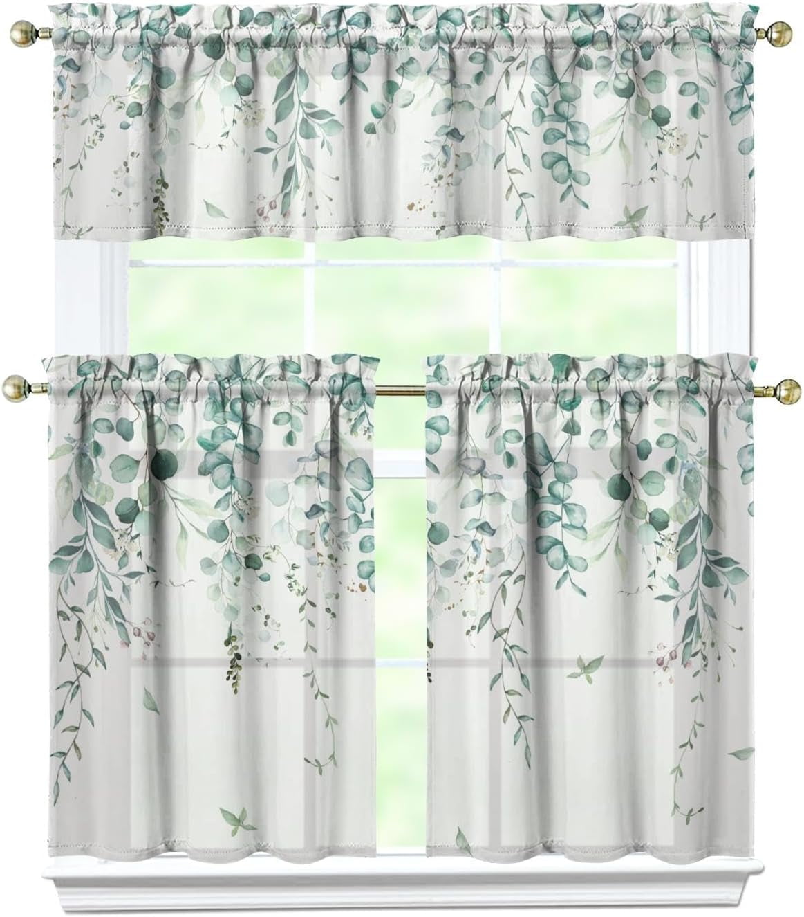 Sage Kitchen Curtain Valance 3 Piece Set, Sage Leaf Floral Kitchen ...