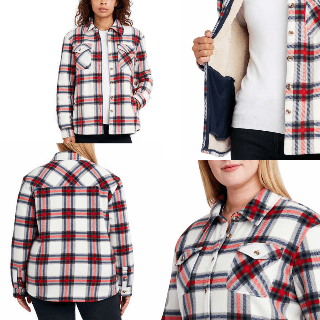 Sage Ladies' Plush Shirt Jacket, White/Red XL - Walmart.com