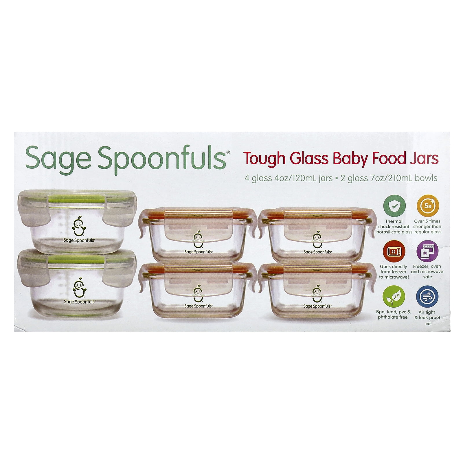 Sage Spoonfuls Glass Baby Food Containers - 6 Pack, 4oz & 7oz ...