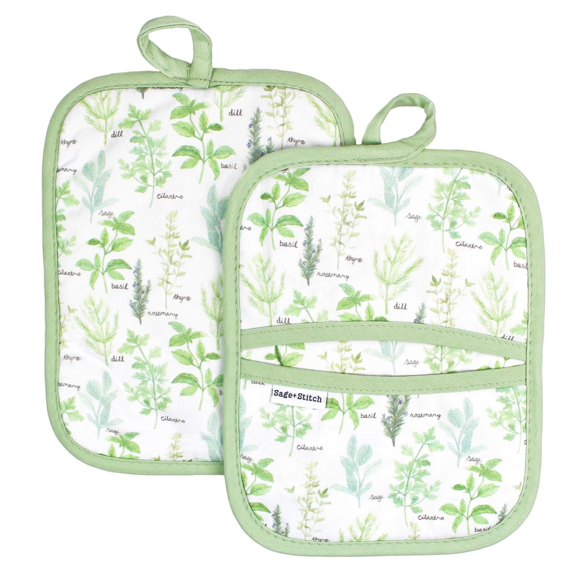 Sage+Stitch Heat Resistant Pot Holders with Hand Pockets and Hanging Loops | Set of 2 100% ...
