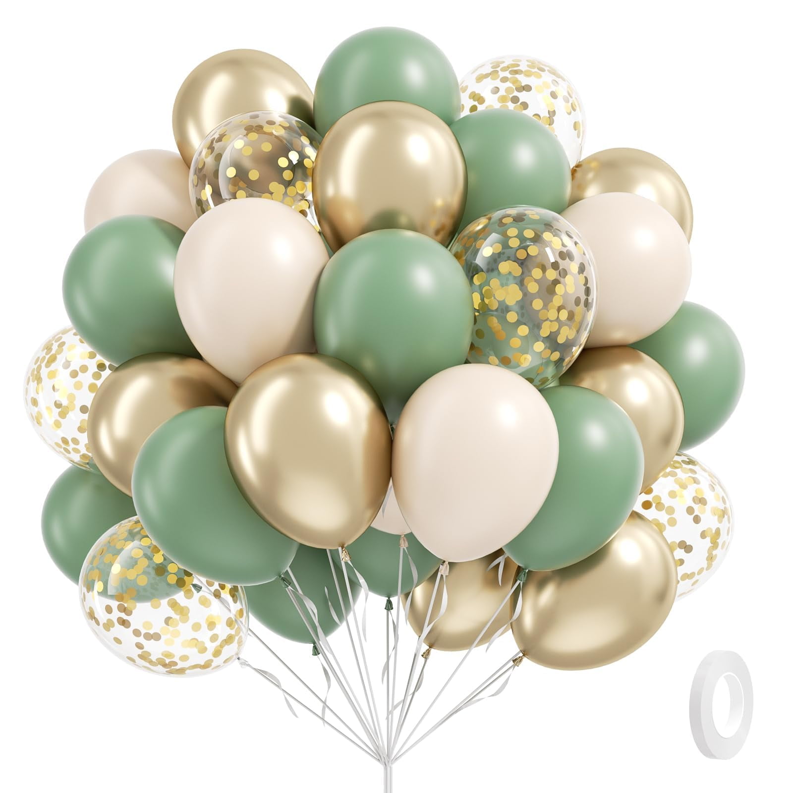 Sage green Balloons, SCH4 60pcs 12inch Sage green Sand White Metallic Gold Confetti Balloons for ...