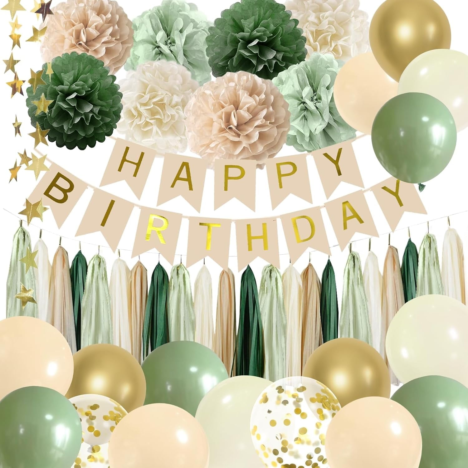 Sage Green Birthday Party Decorations with Banner, Tissue Tassels ...