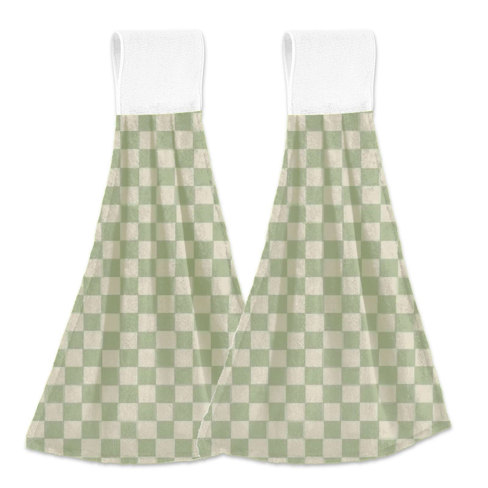 Sage green checkered pattern Hanging Kitchen Hand Towels Sets with Loop ...