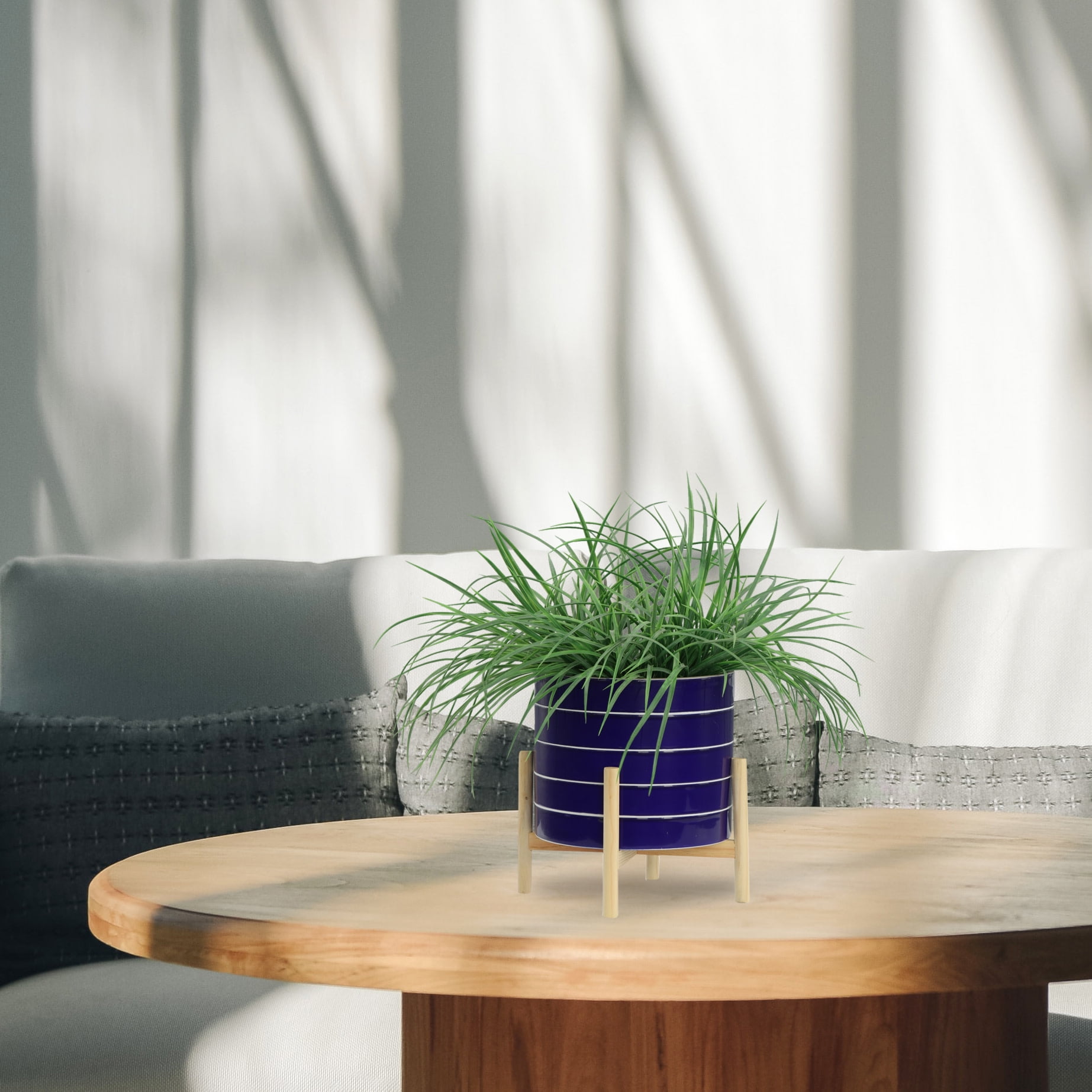 Sagebrook Home 10" Striped Planter With Wood Stand, Navy - Walmart.com