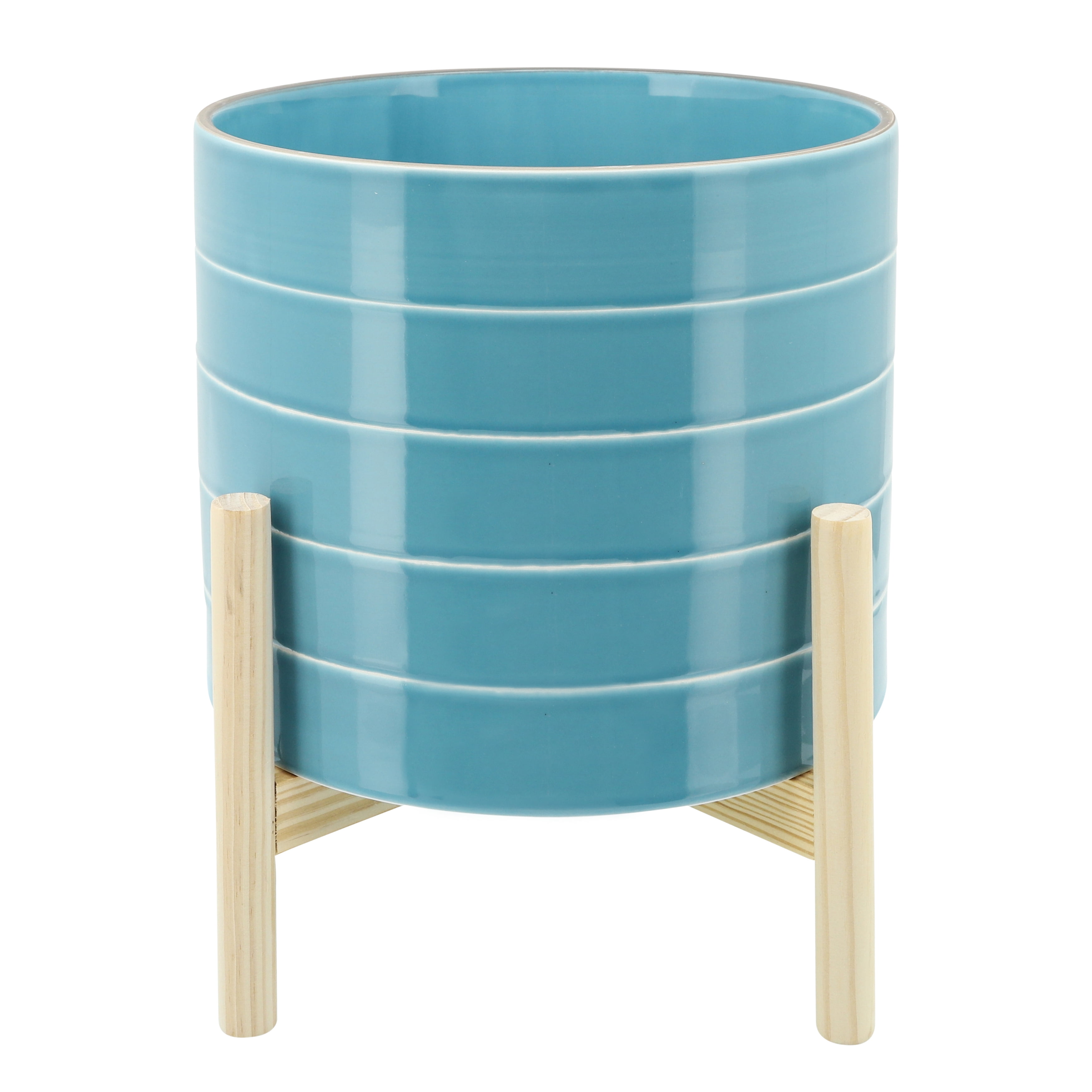 Sagebrook Home 10" Striped Planter With Wood Stand, Sky Blue, Round ...
