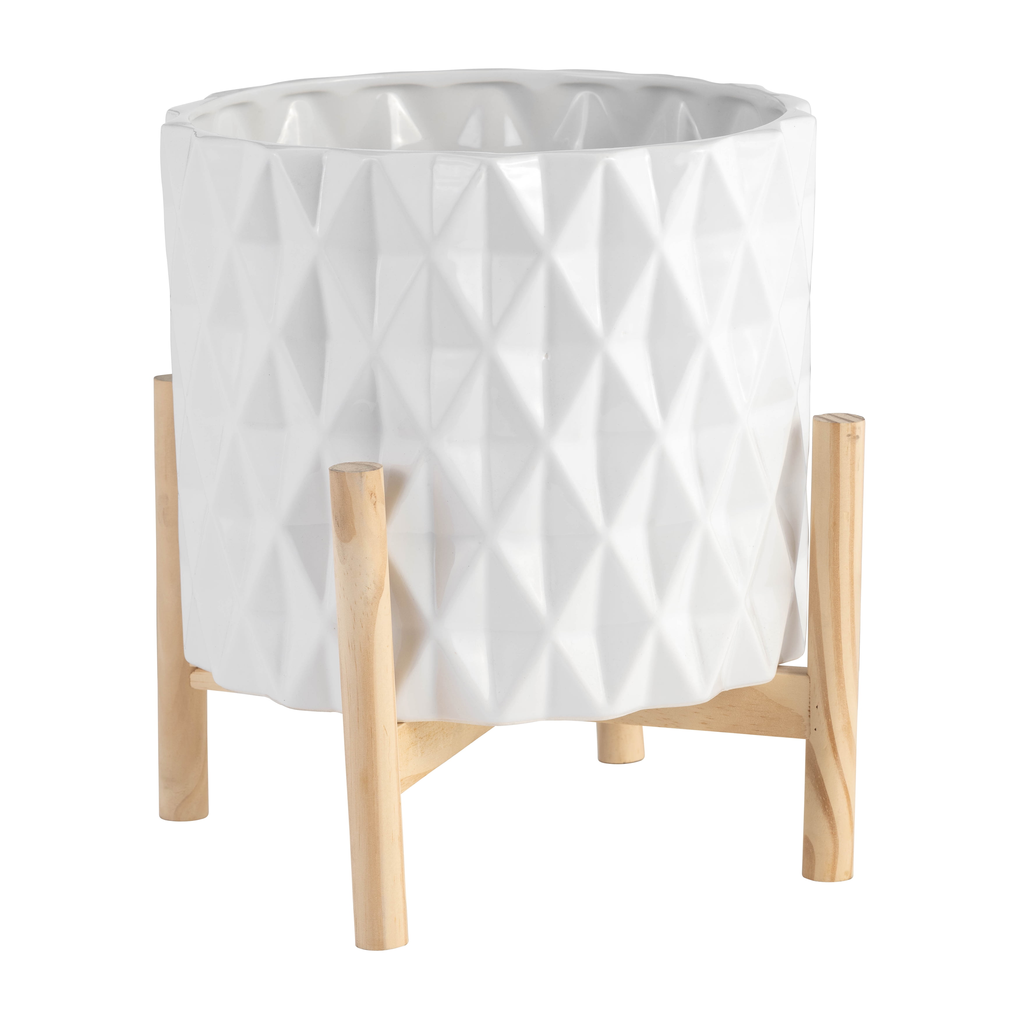 Sagebrook Home 12" Ceramic Diamond Planter With Wood Stand, White ...