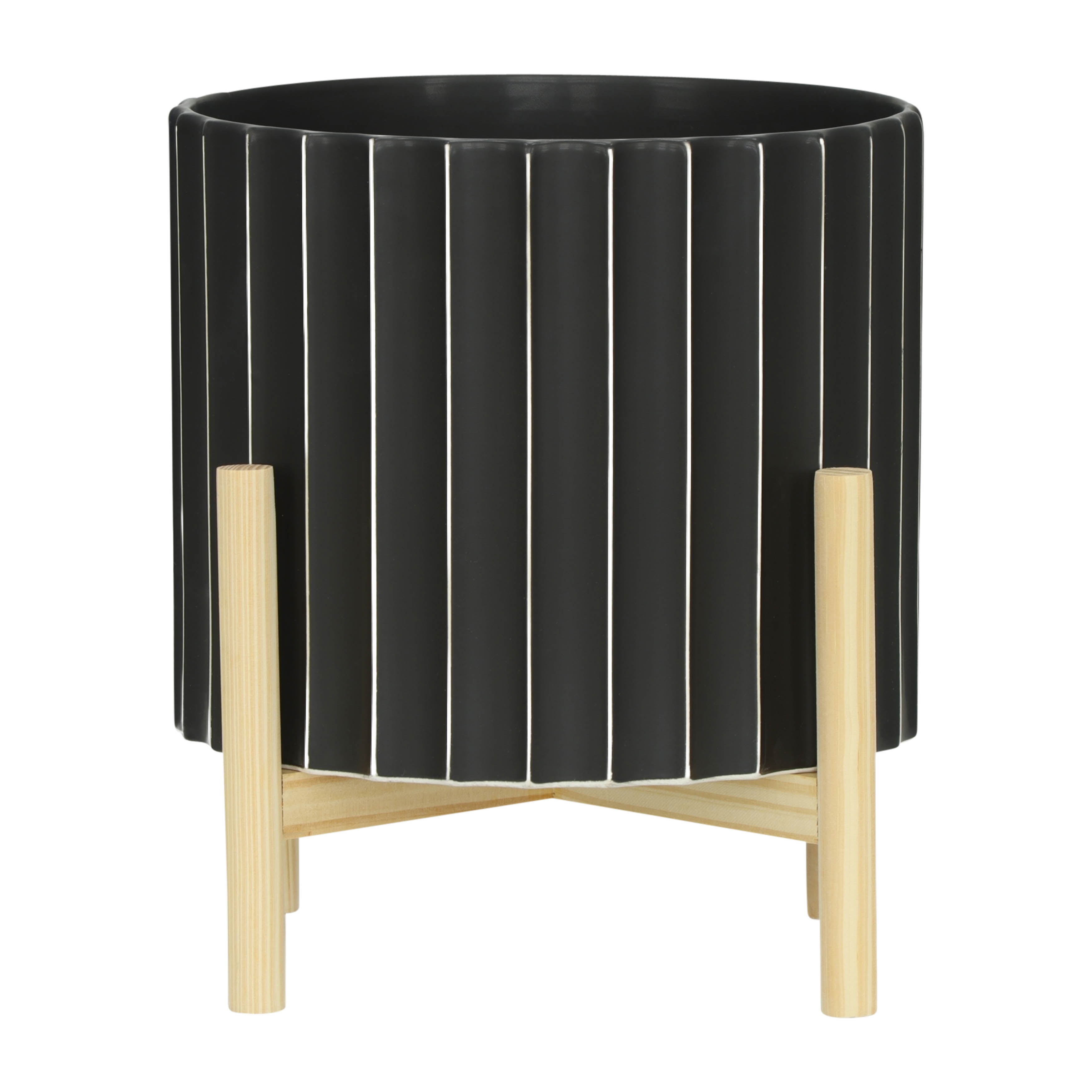 Sagebrook Home 12" Ceramic Fluted Planter With Wood Stand, Black, Round ...