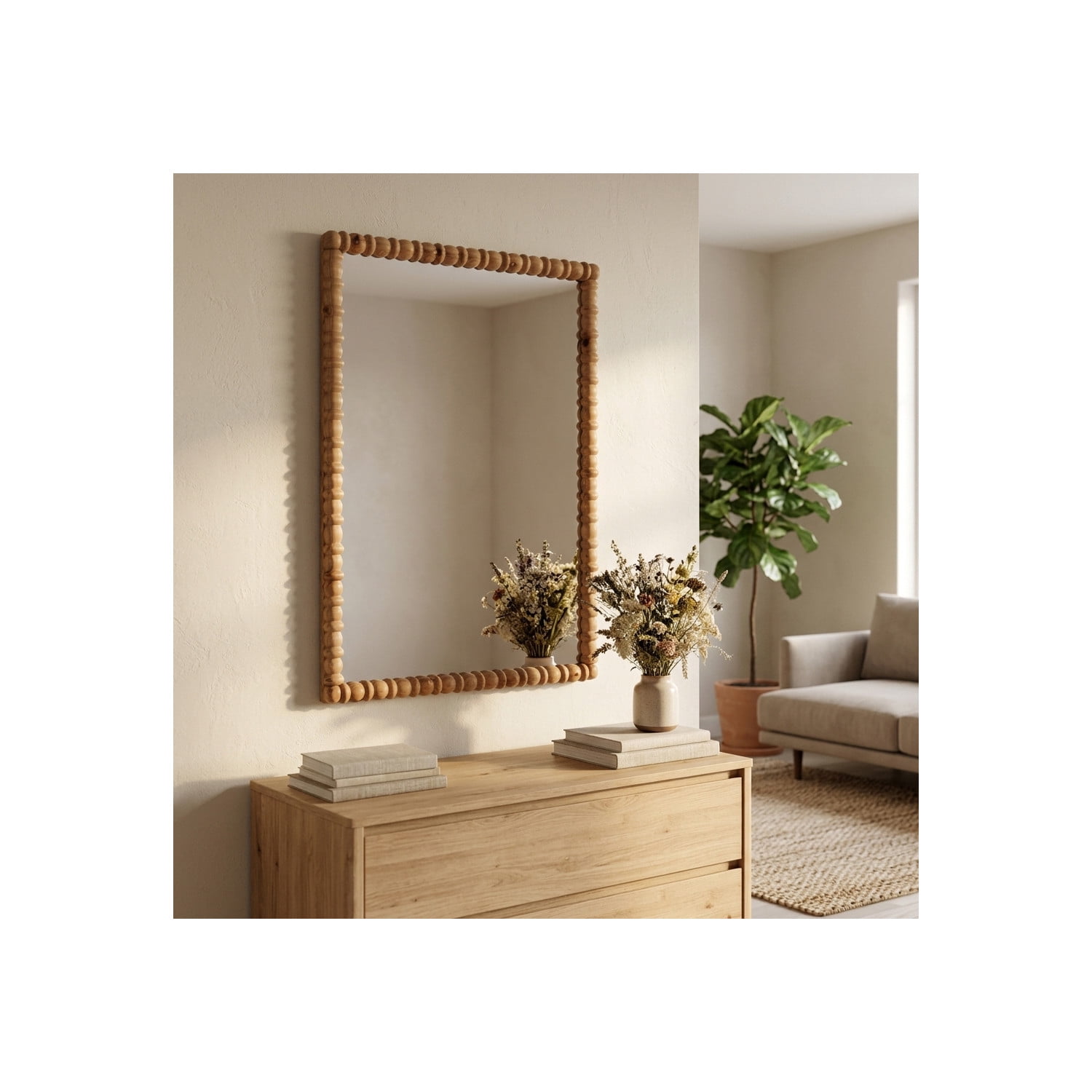 Rectangle Wood Wall Mirror with Carved Frame for Bedroom Decor ...
