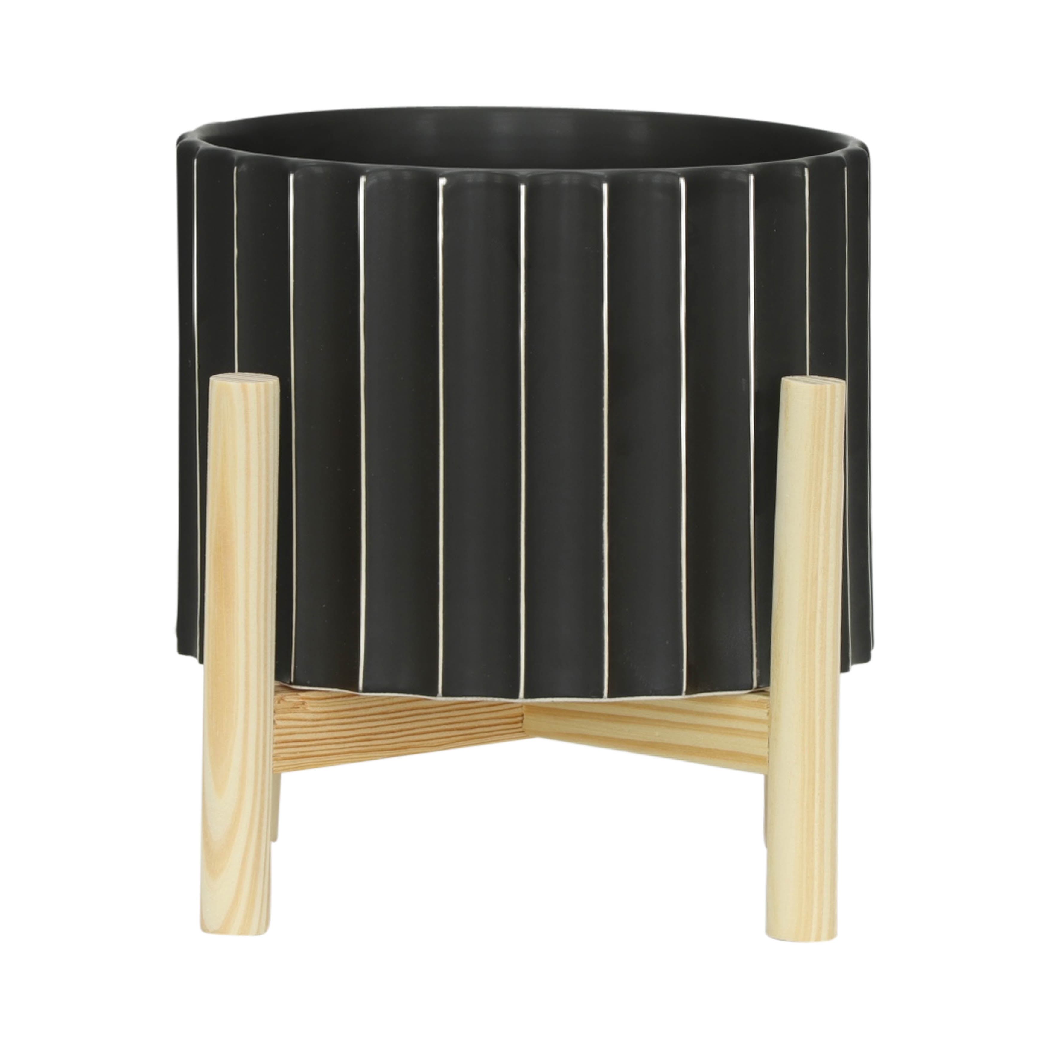 Sagebrook Home 8" Ceramic Fluted Planter With Wood Stand, Black, Round ...