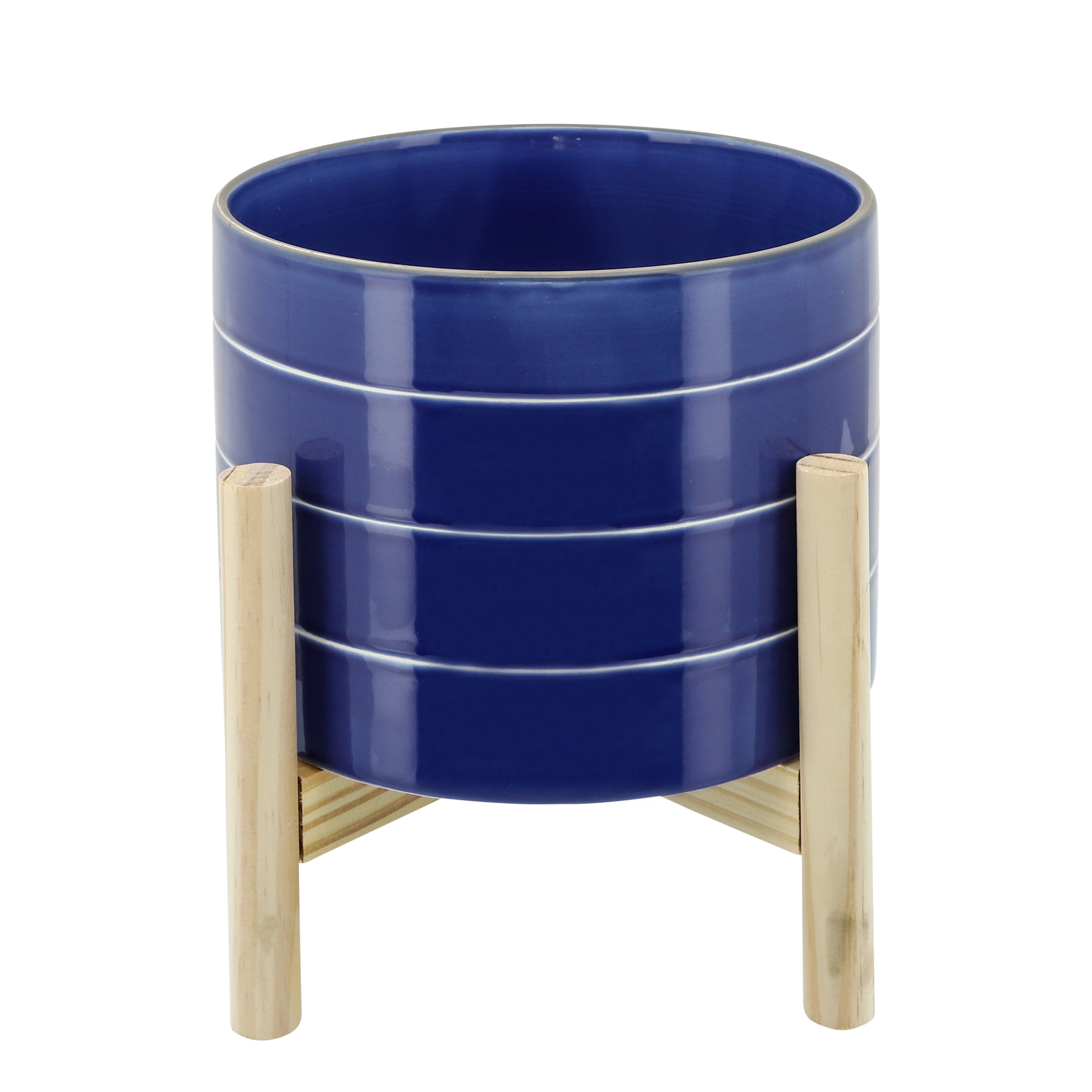 Sagebrook Home 8" Striped Planter With Wood Stand, Navy, Round, Ceramic ...