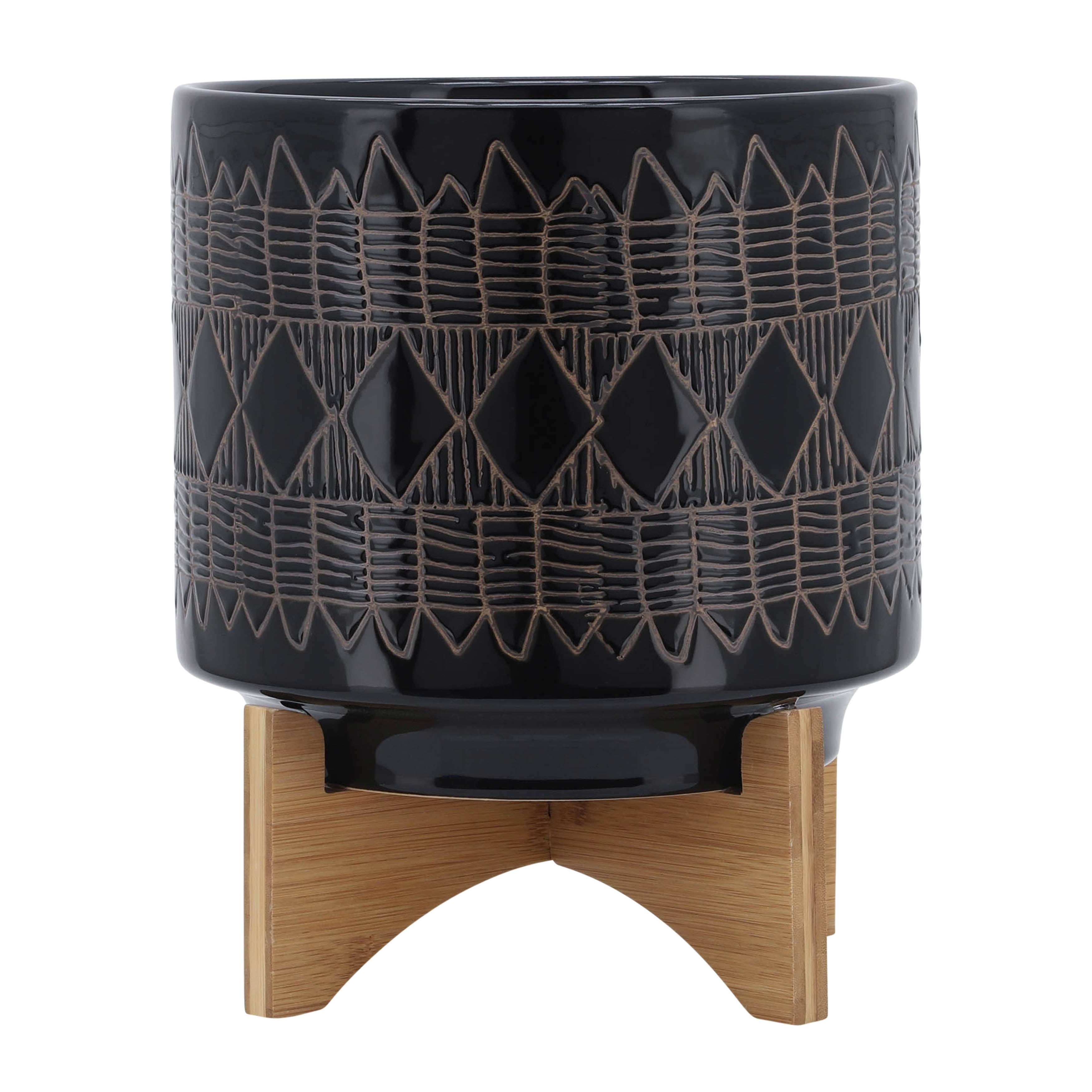 Sagebrook Home Ceramic 10" Aztec Planter On Wooden Stand, Black, Round ...