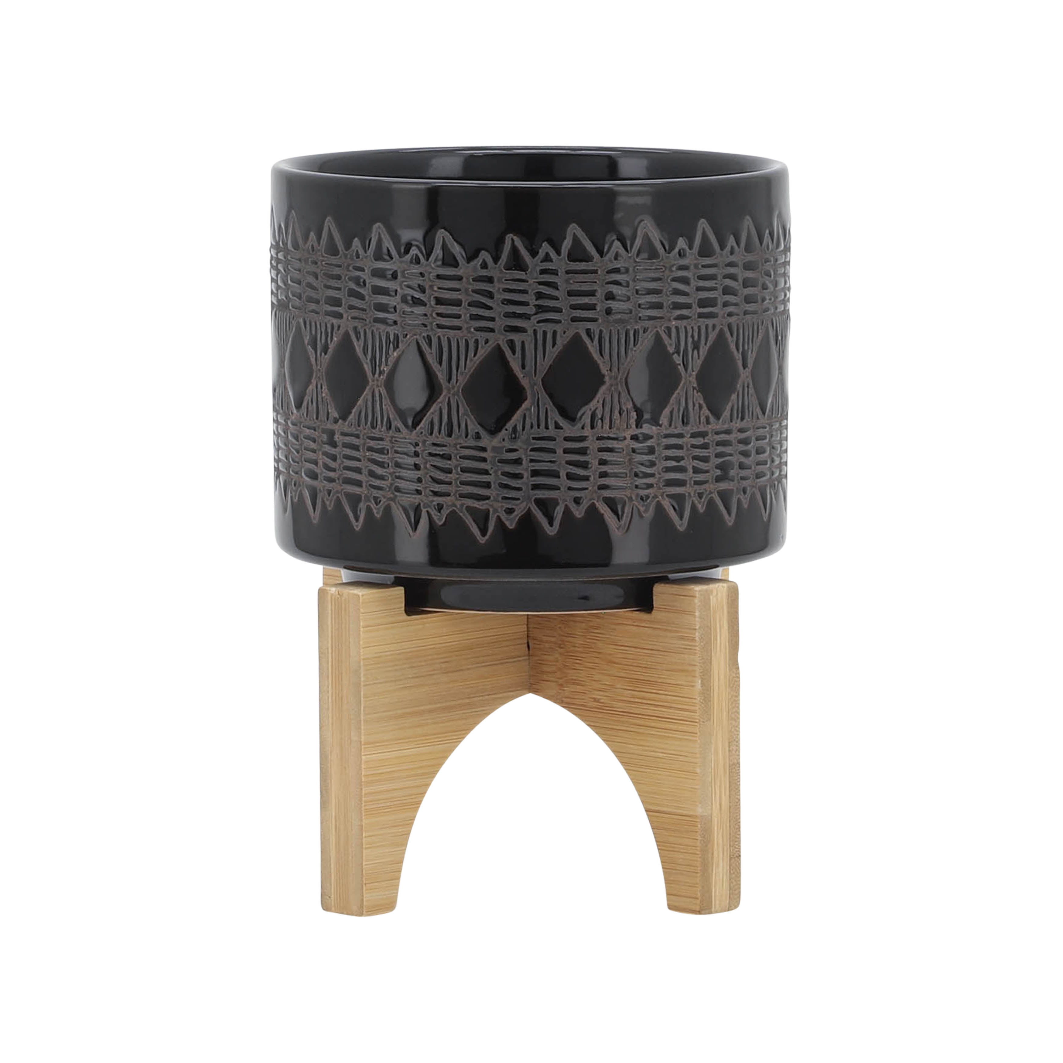 Sagebrook Home Ceramic 5" Aztec Planter On Wooden Stand, Black ...