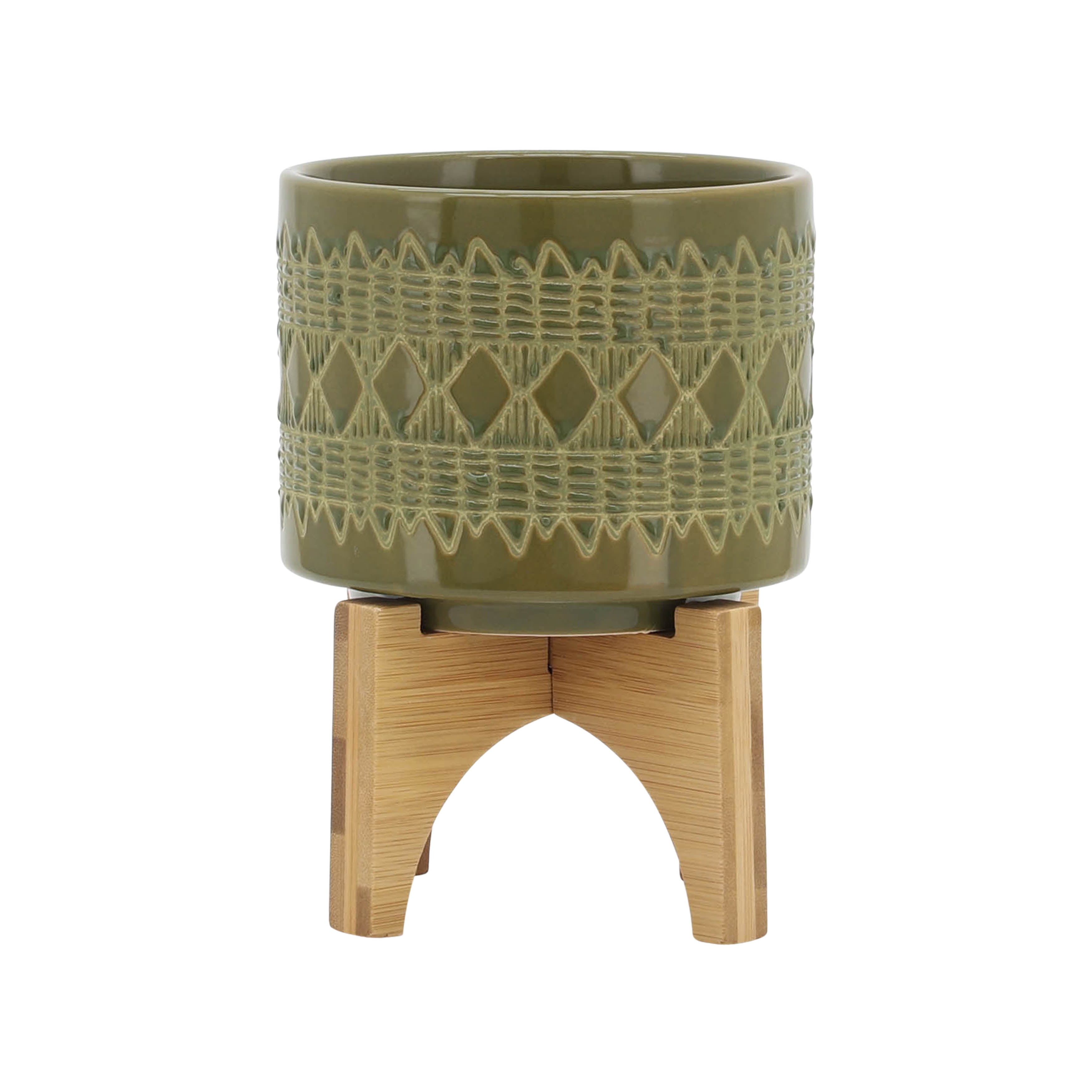 Sagebrook Home Ceramic 5" Aztec Planter On Wooden Stand, Olive ...