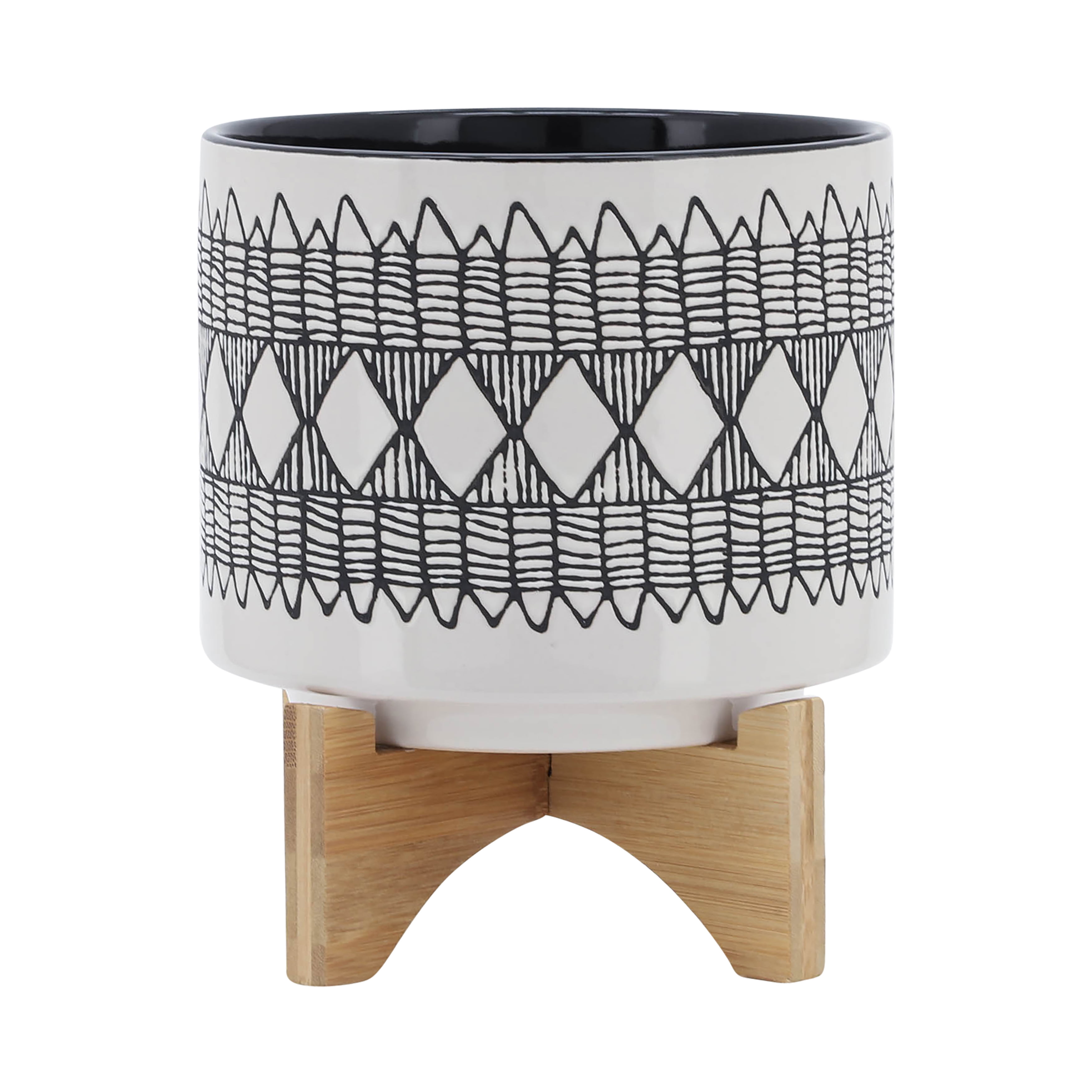 Sagebrook Home Ceramic 8" Aztec Planter On Wooden Stand, Gray - Walmart.com