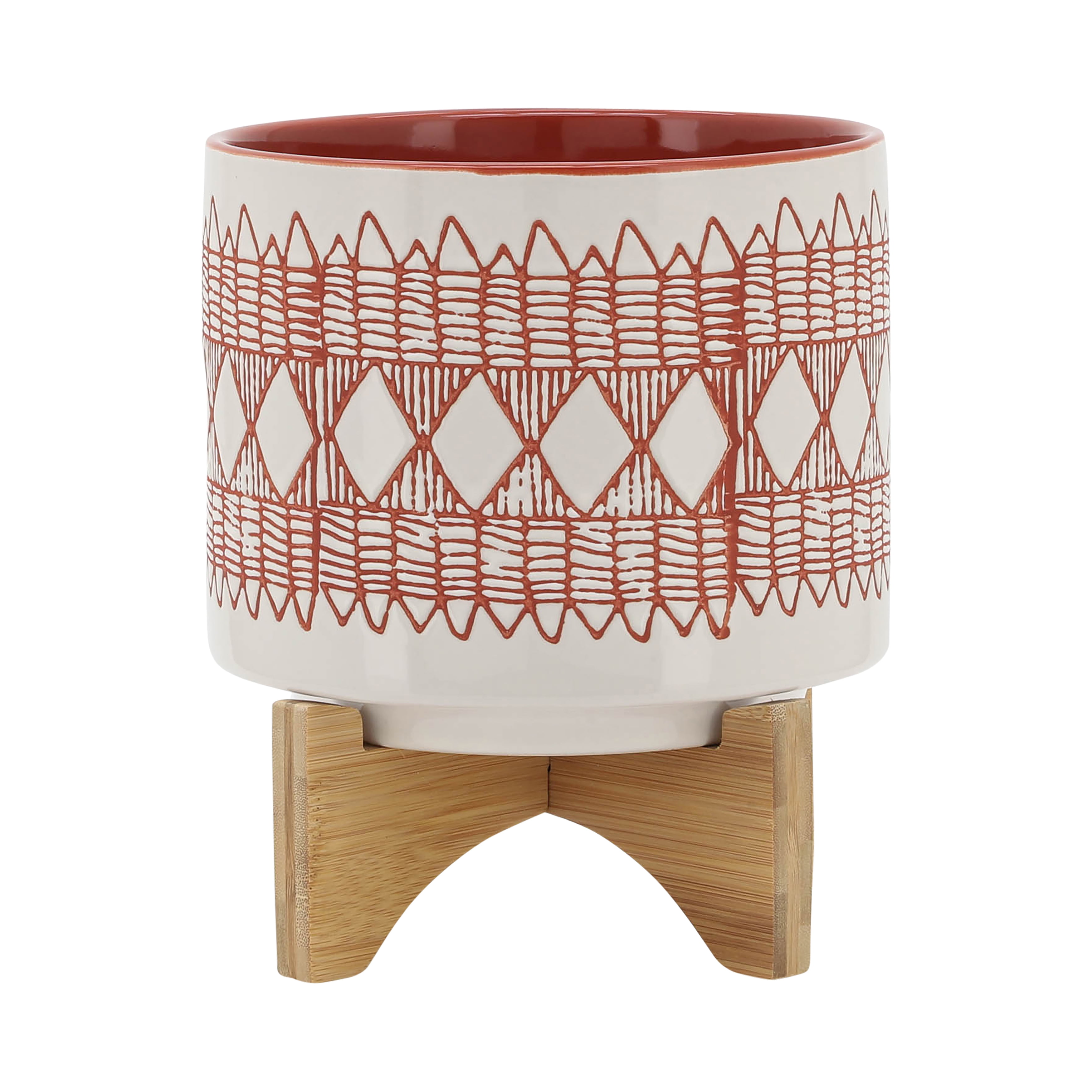 Sagebrook Home Ceramic 8" Aztec Planter On Wooden Stand, Orange ...