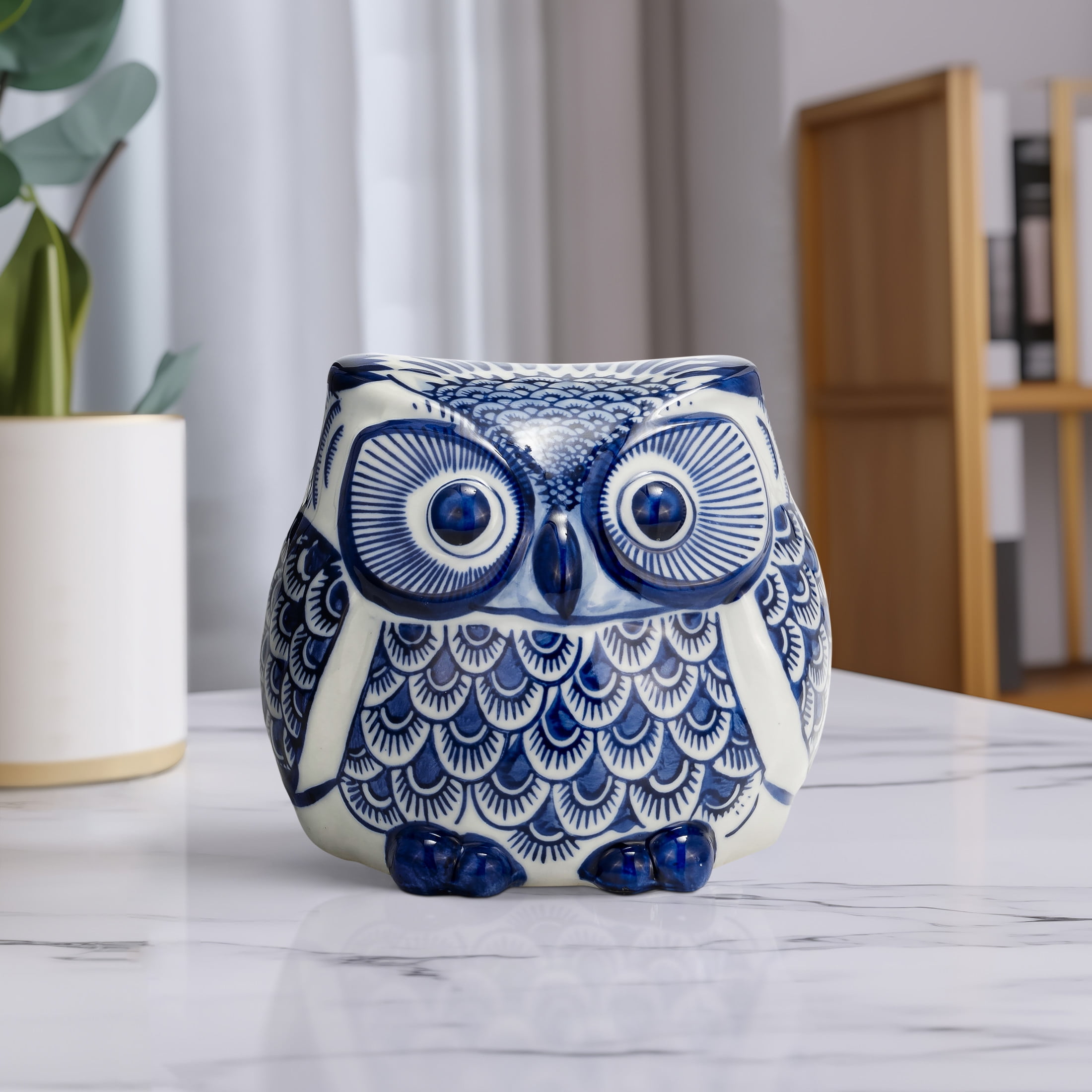 Blue Ceramic Owl Figurine - Hand-Painted Stoneware Decor for Home ...