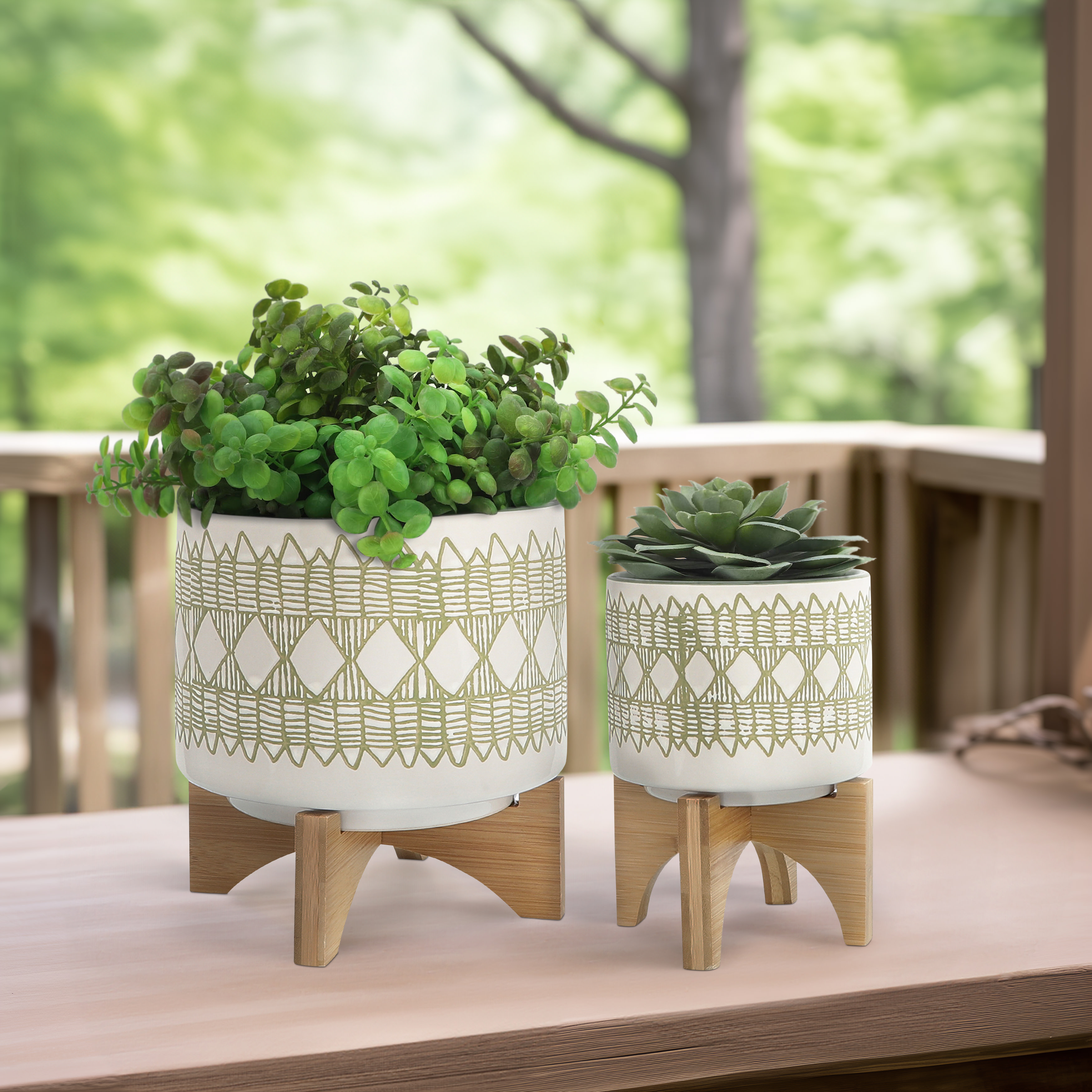 Sagebrook Home Ceramic Set Of 2 5/8" Aztec Planter On Wooden Stand ...