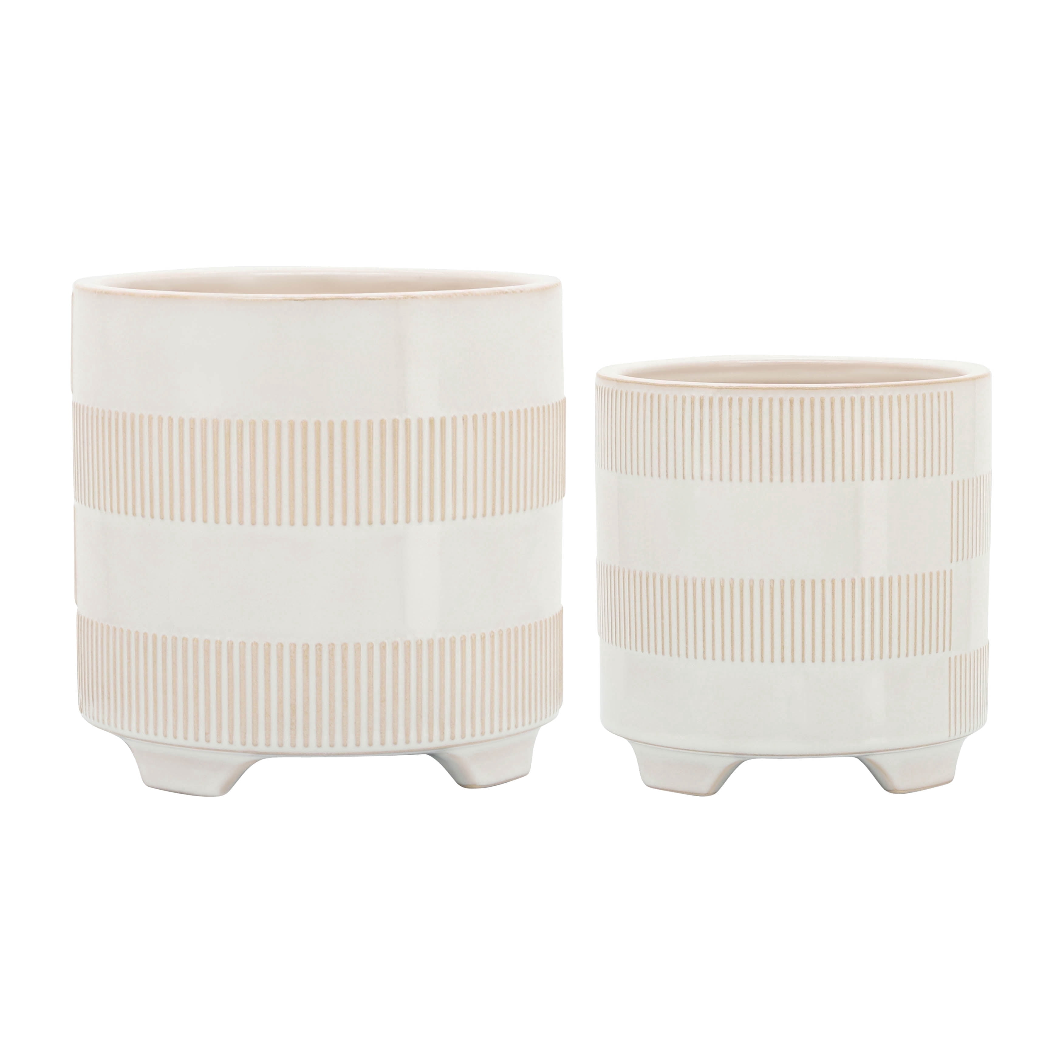 Sagebrook Home Ceramic Set Of 2 6/8" Textured Footed Planters, Beige ...