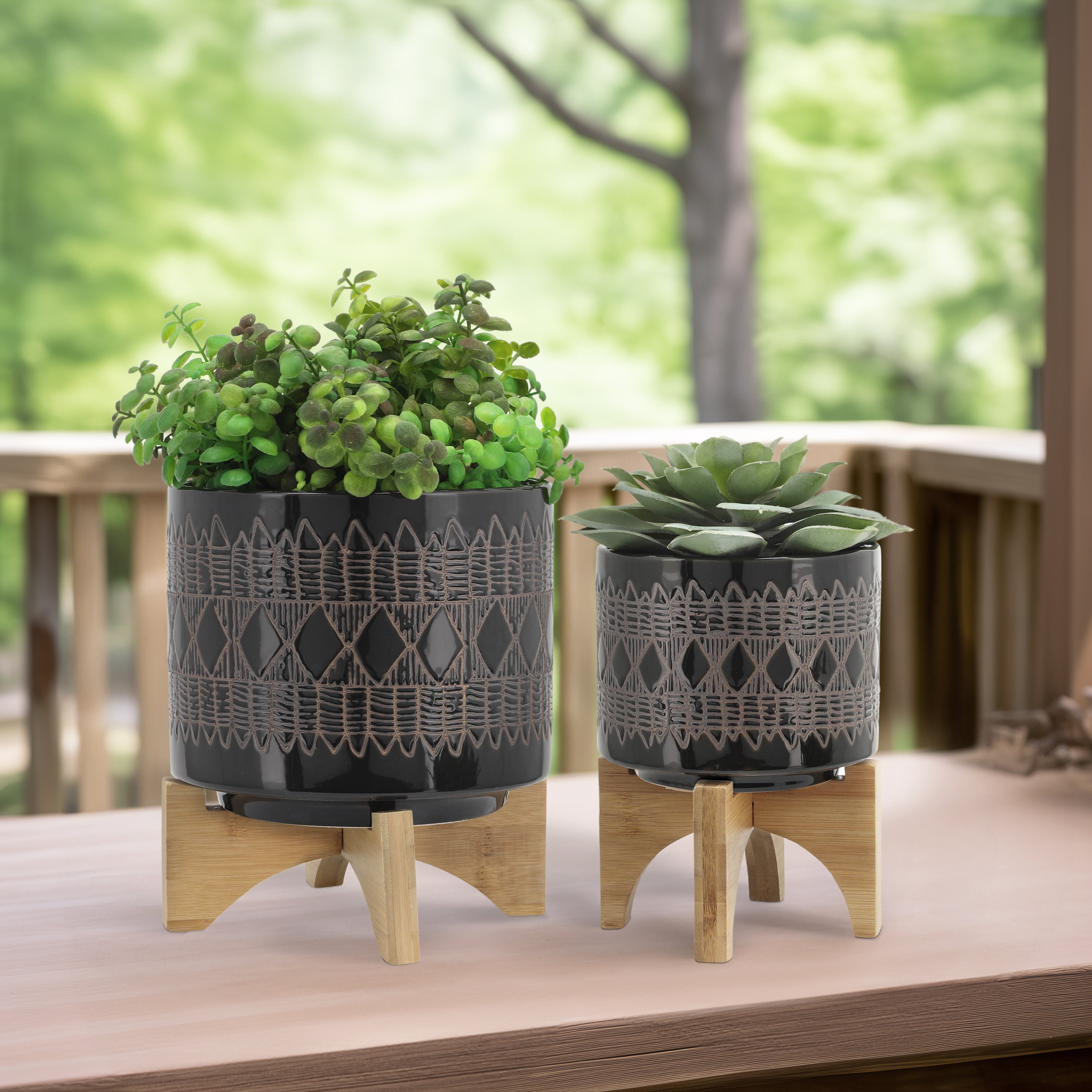 Sagebrook Home Ceramic Set of 2 5/8" Aztec Planter On Wooden Stand ...