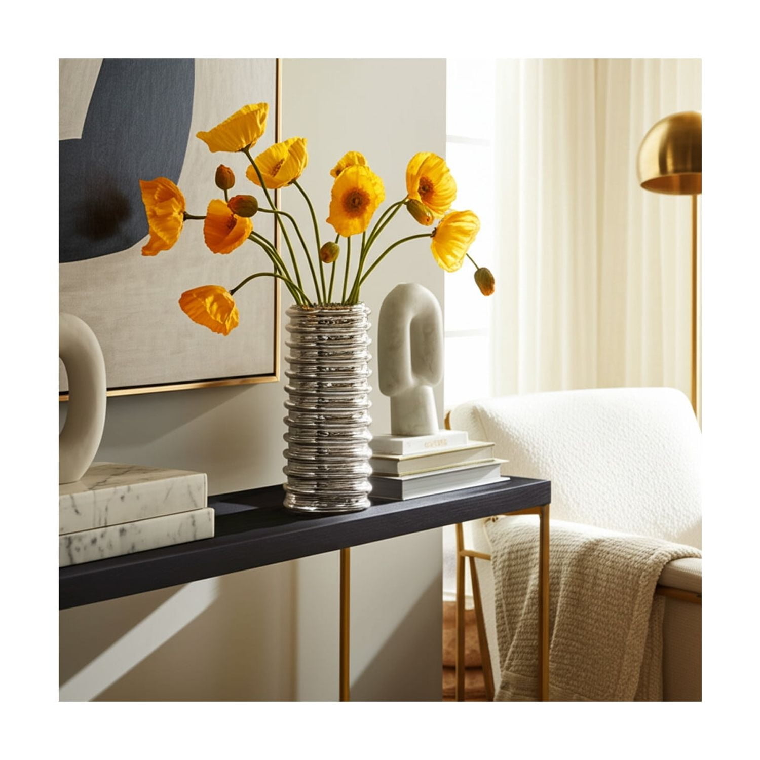 Modern Ribbed Glass Vase - Elegant Metallic Decorative Centerpiece for ...