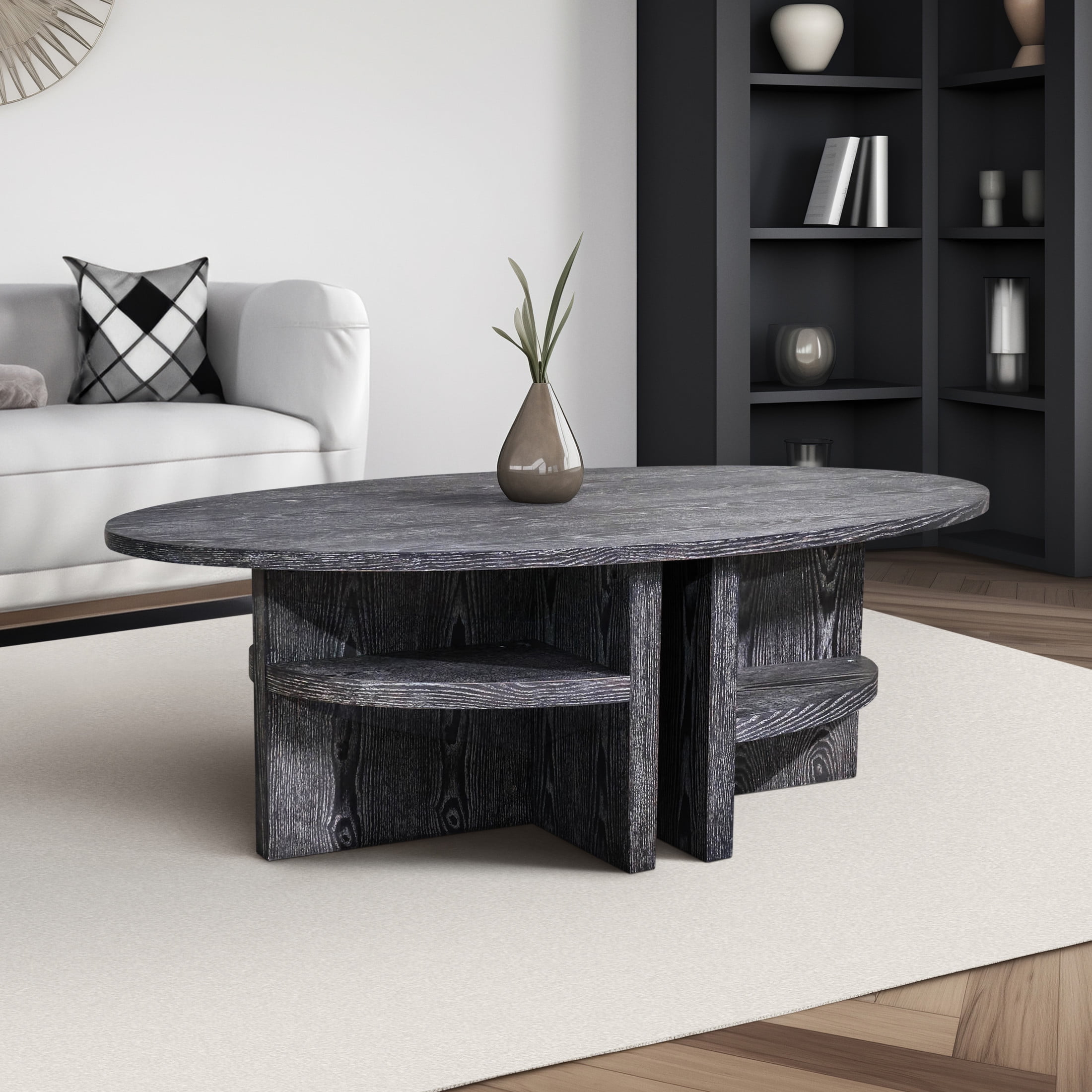 Sagebrook Home Gray Modern Neutral Oval Coffee Table with Shelves ...