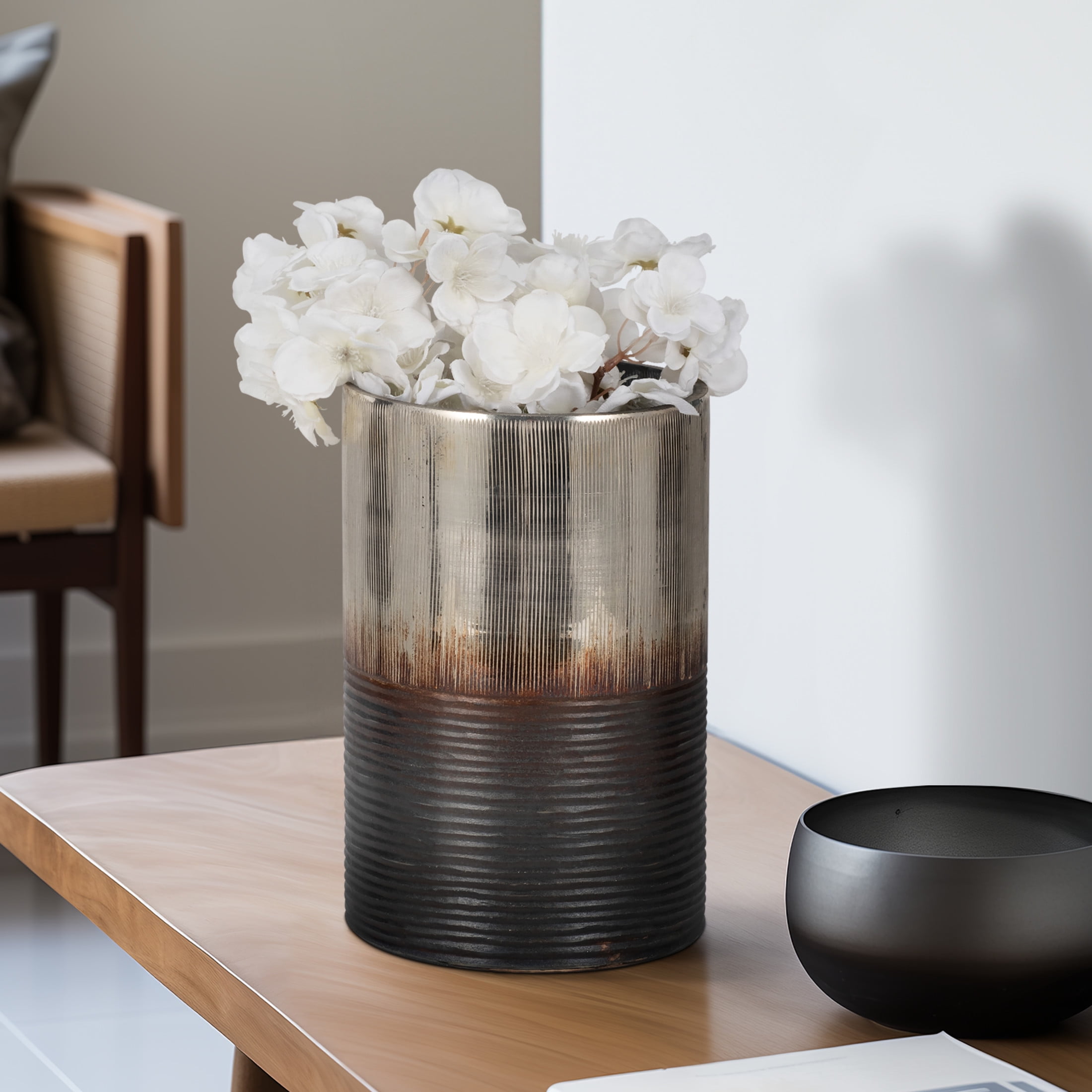 Modern Decorative Glass Vase - Ribbed Metallic Two-Tone Finish ...