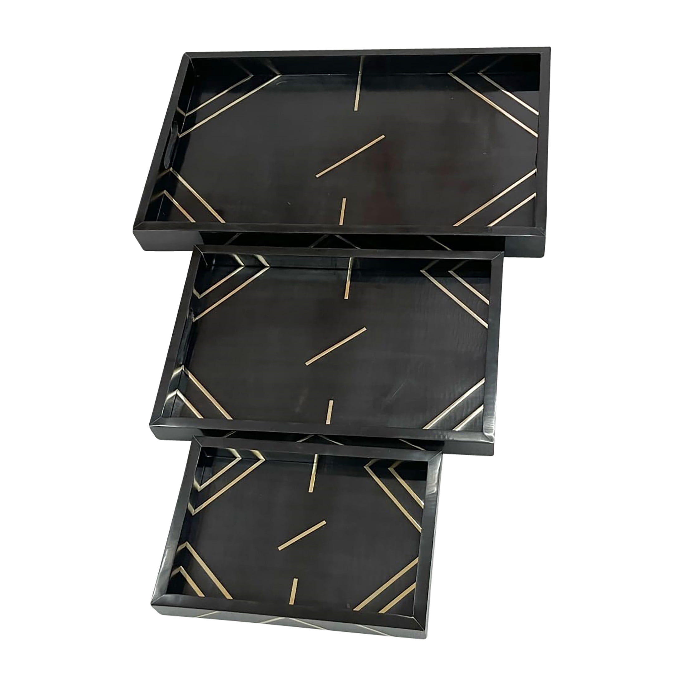 Sagebrook Home Modern Brass Inlay Rectangle Trays, Set of Three, Black ...
