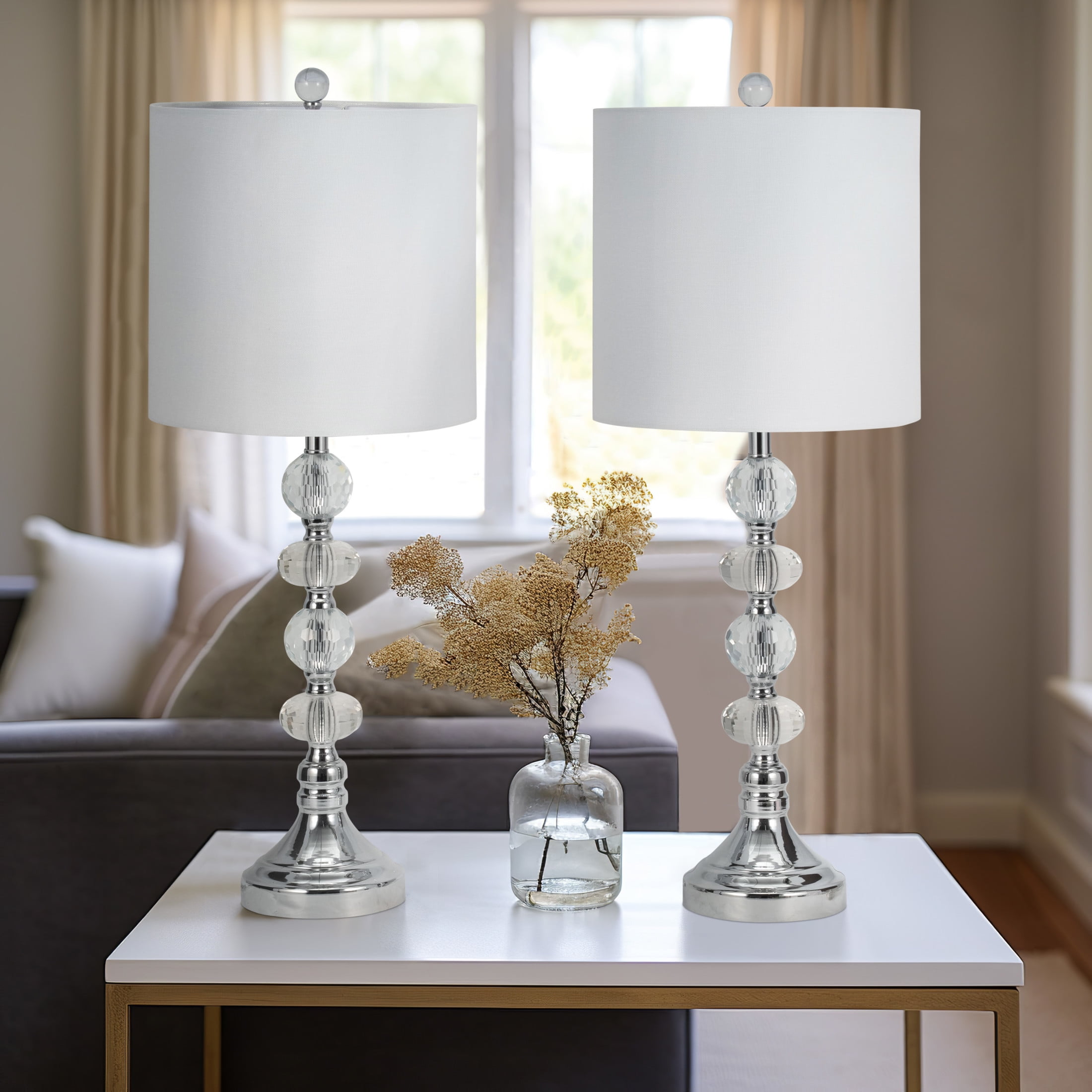 Sagebrook Home Modern Set Of 2 Crystal 28" Table Lamp, Silver, Pillar ...