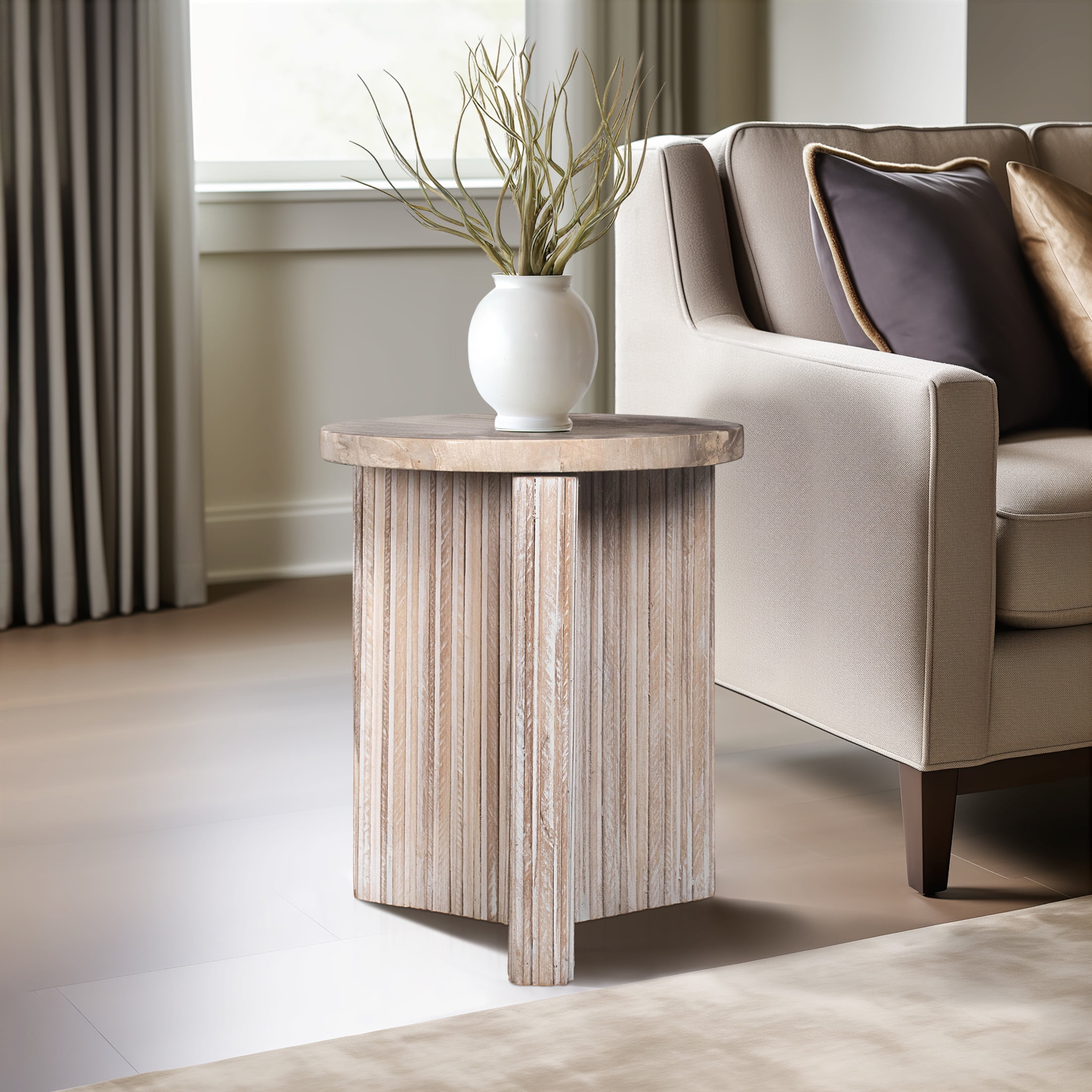 Sagebrook Home Neutral Modern Cream Round Petrified Wood And Teak ...