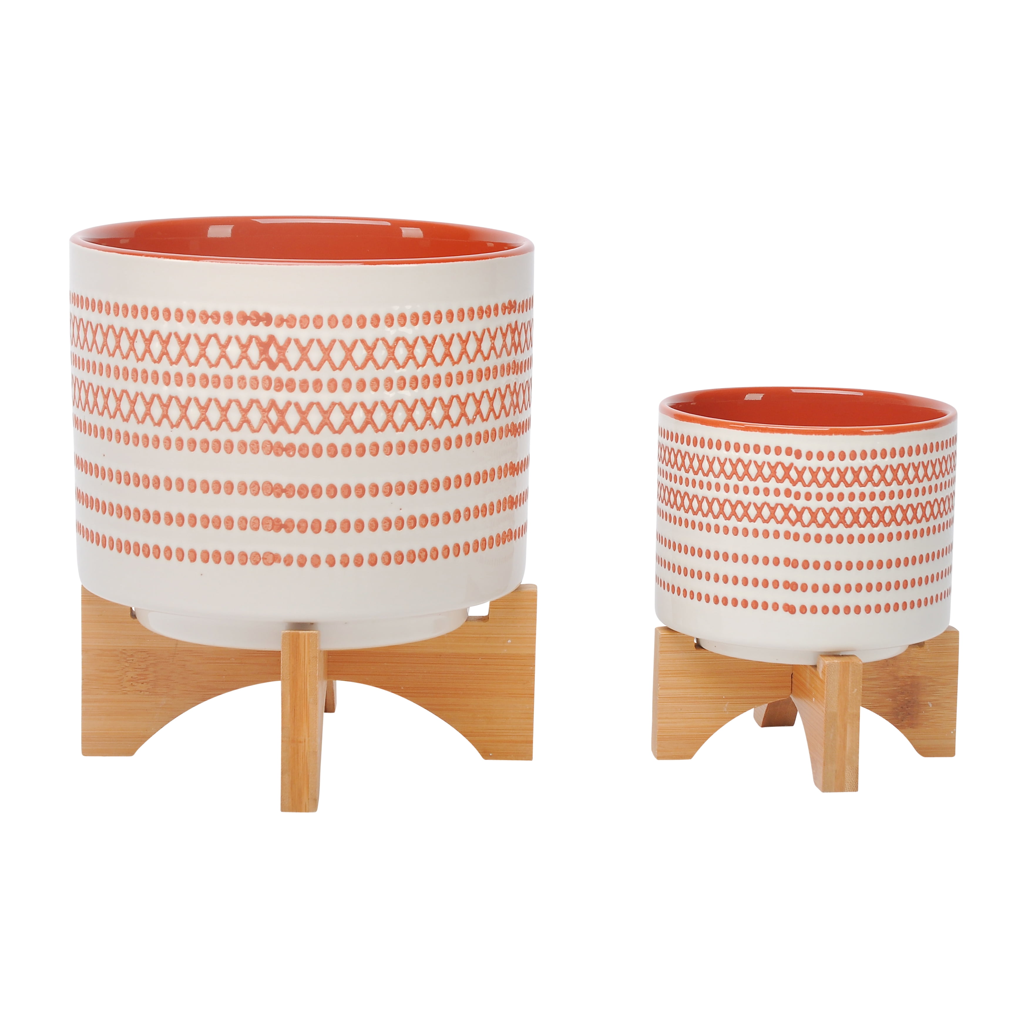 Sagebrook Home Set Of 2 5/8" Aztec Planter With Wood Stand, Orange ...