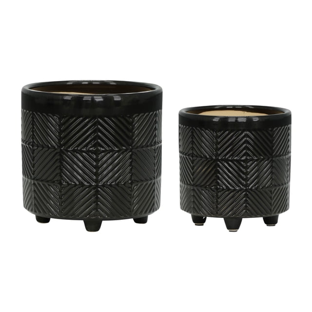 Sagebrook Home Set Of 2 6/8" Textured Planters, Shiny Black, Round ...
