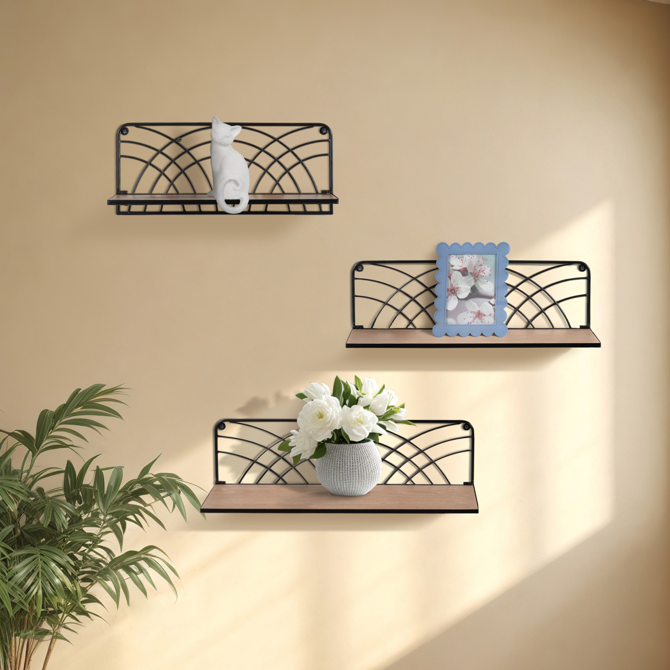 Sagebrook Home Set of 3 Natural/Black Wall Shelves, Versatile MDF and ...