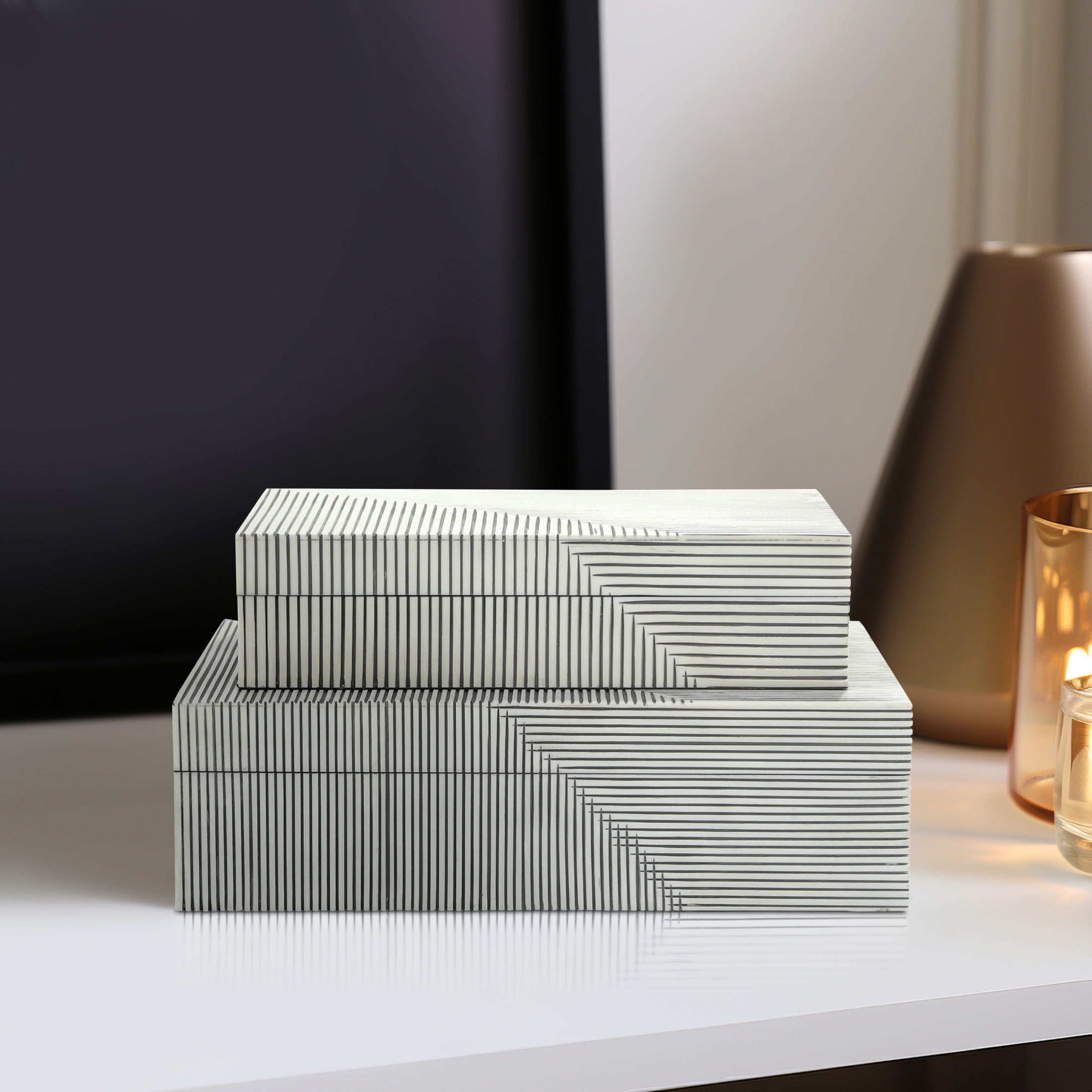 Sagebrook Home White Resin Ridged Boxes Set of Two - Walmart.com