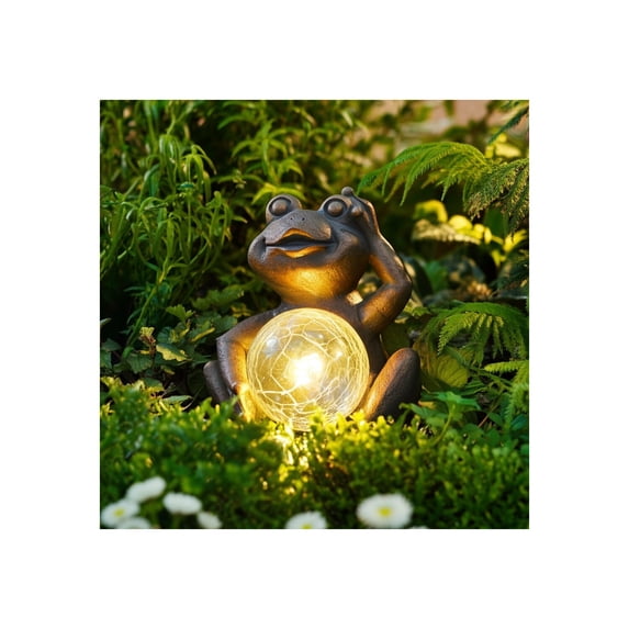 Frog Statue for Garden Decor - Solar Resin Figurine with Crackle Glass ...