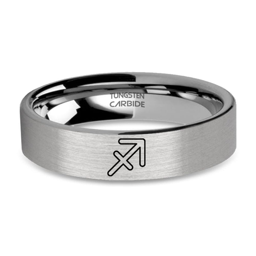 Sagittarius Archer Symbol Engraved Silver Tungsten Ring, Brushed, 6mm ...