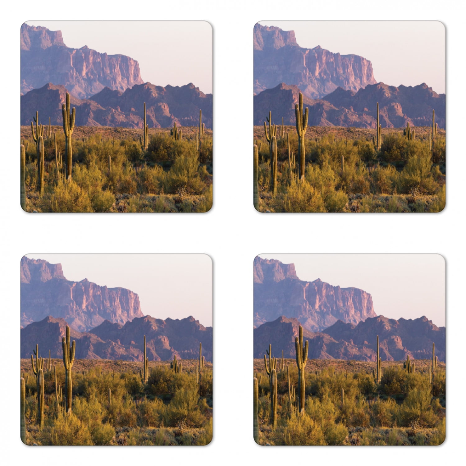 Saguaro Coaster Set of 4, Arizona Desert Landscape with Cactus Mountain ...
