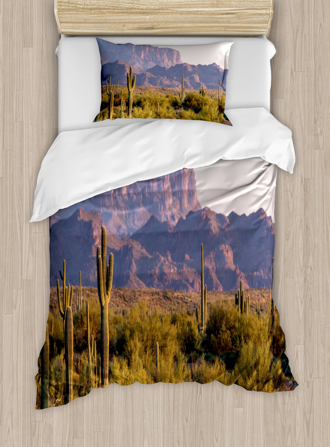 Saguaro Duvet Cover Set, Arizona Desert Landscape with Cactus Mountain ...