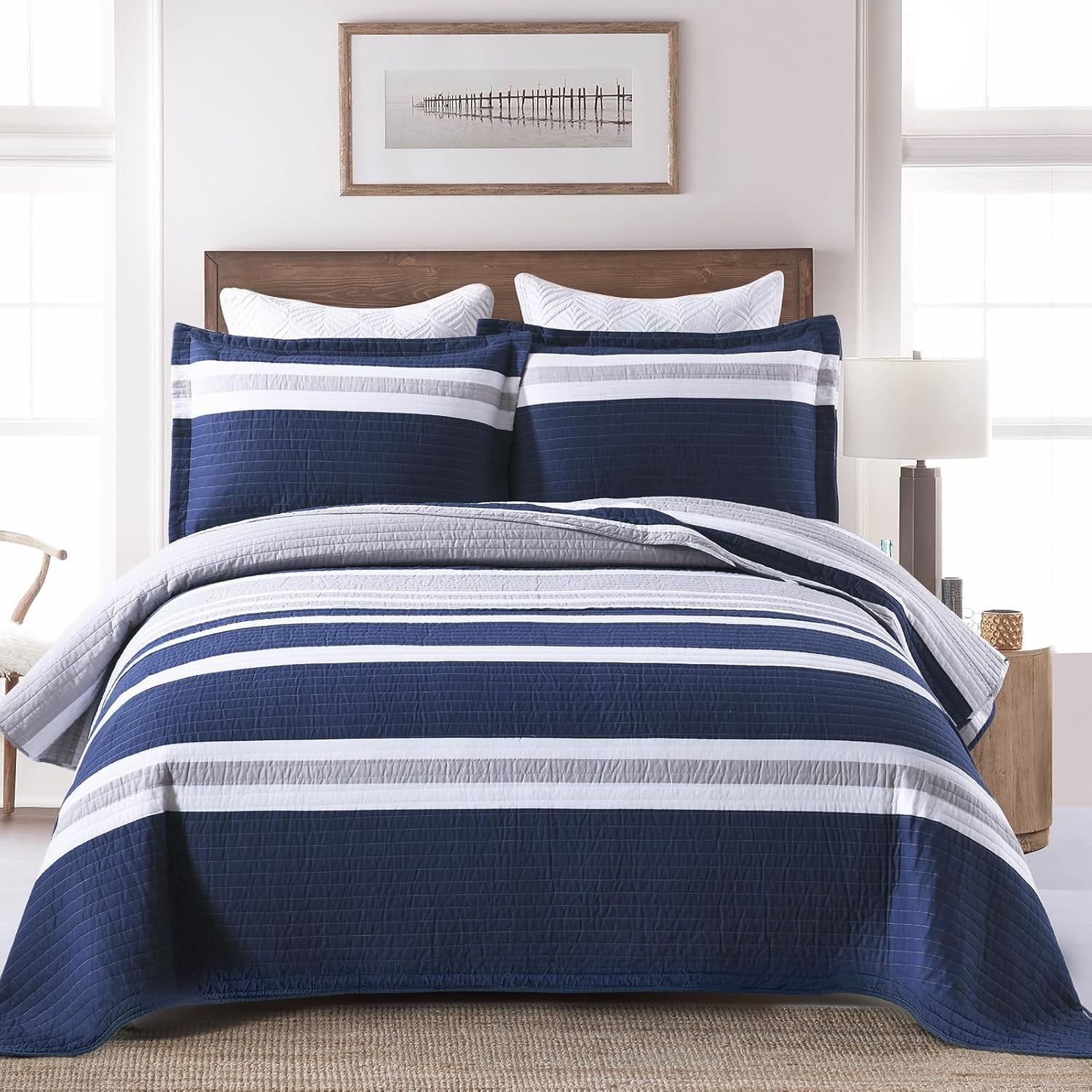SahSahCasa Quilt Set - Queen Size, 100% Cotton, Navy Blue Striped ...