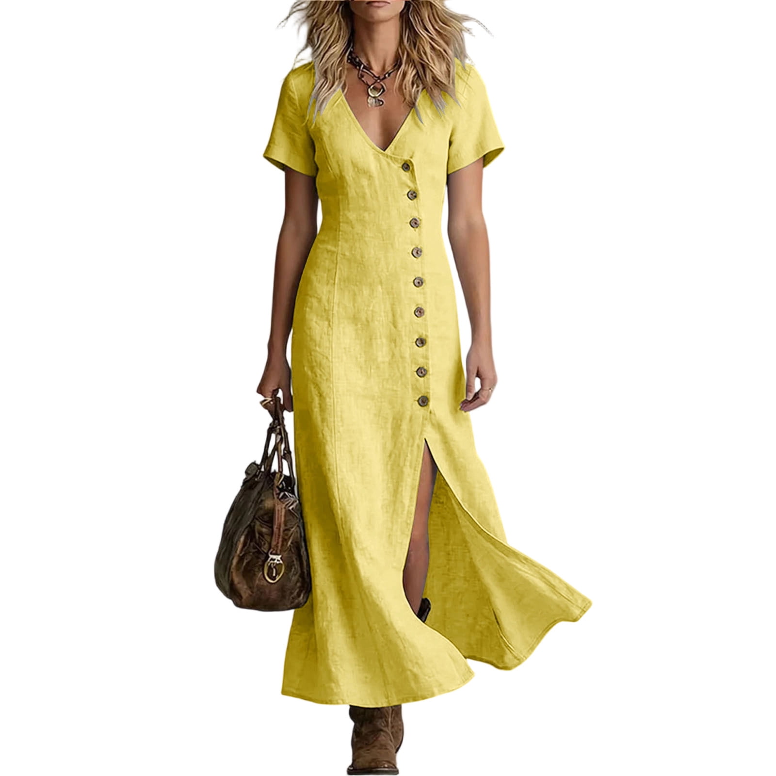 Sahpxhe Dresses for Women V-Neck Short Sleeve Button Front Maxi Dress ...
