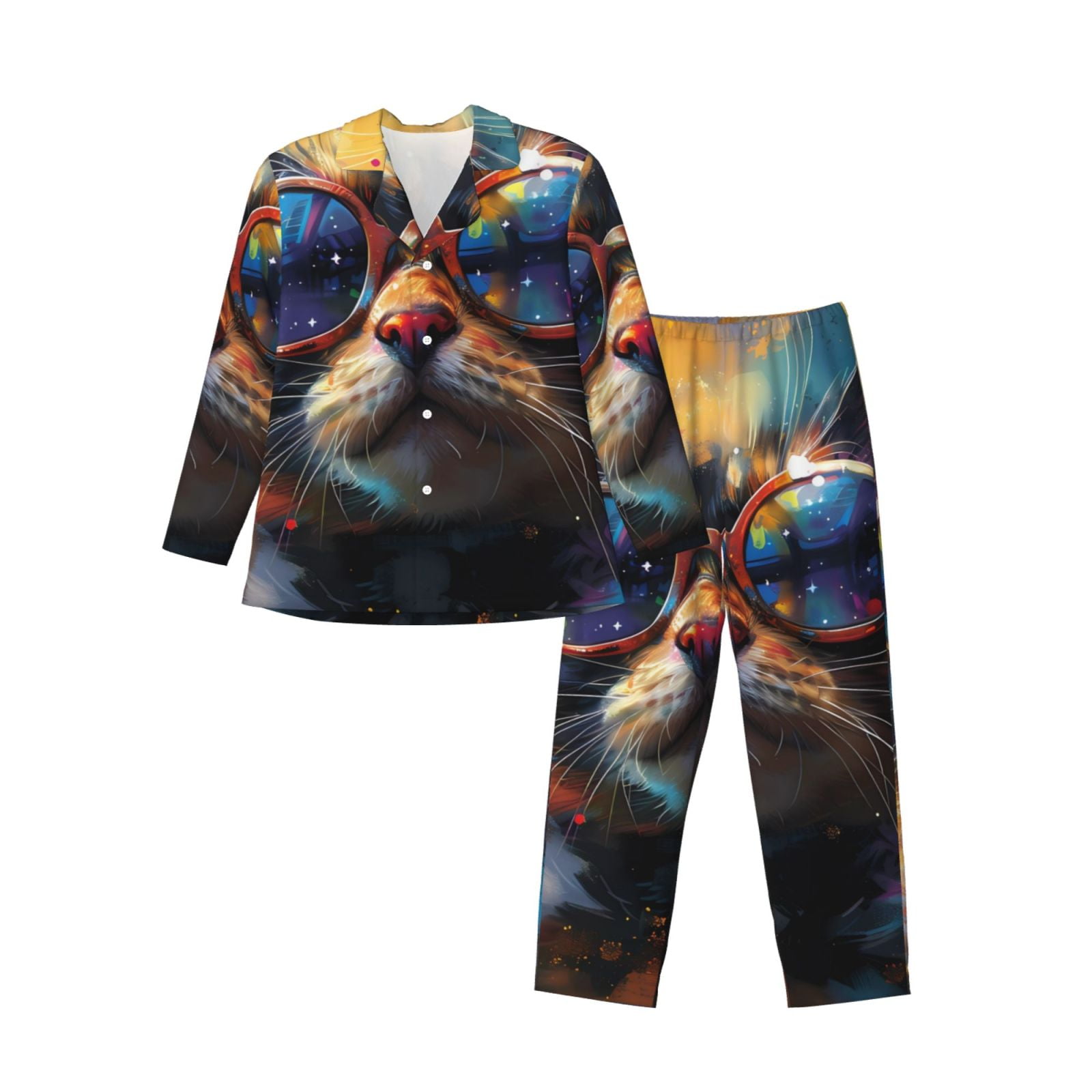 Saiise Cool Cat With Sunglasses Men's Sleepwear Set Lapel Neck Button ...