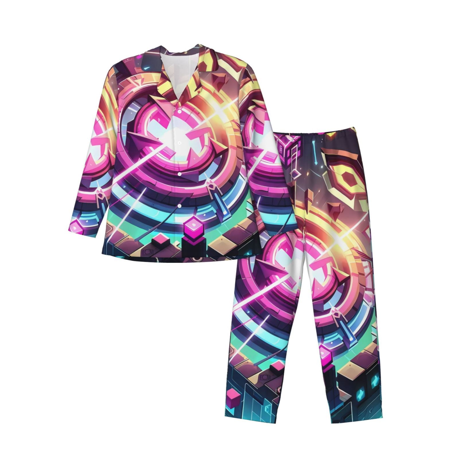 Saiise Geometry Dash Men's Sleepwear Set Lapel Neck Button Down Long ...