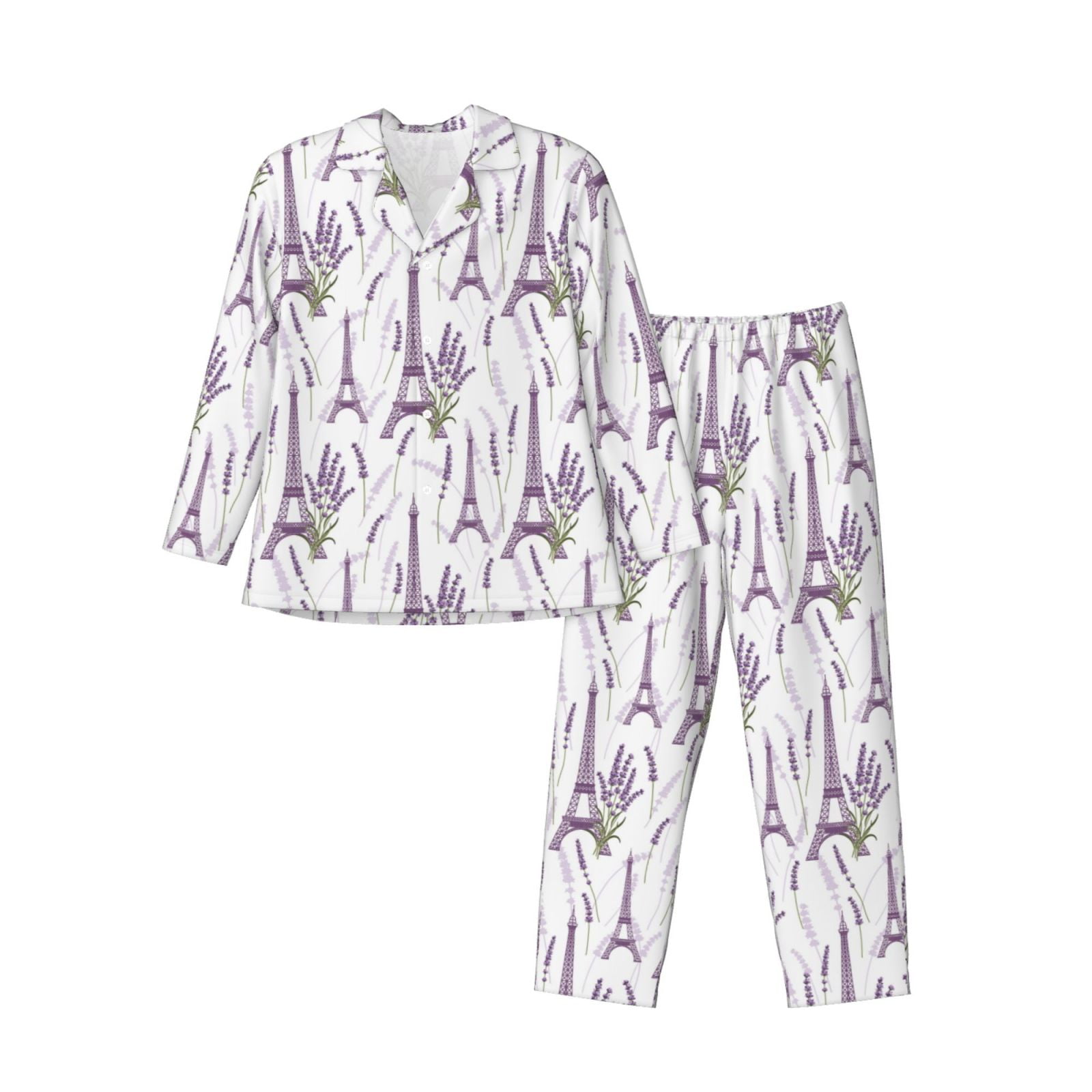 Saiise Lavender Flowers Men's Sleepwear Set Lapel Neck Button Down Long ...