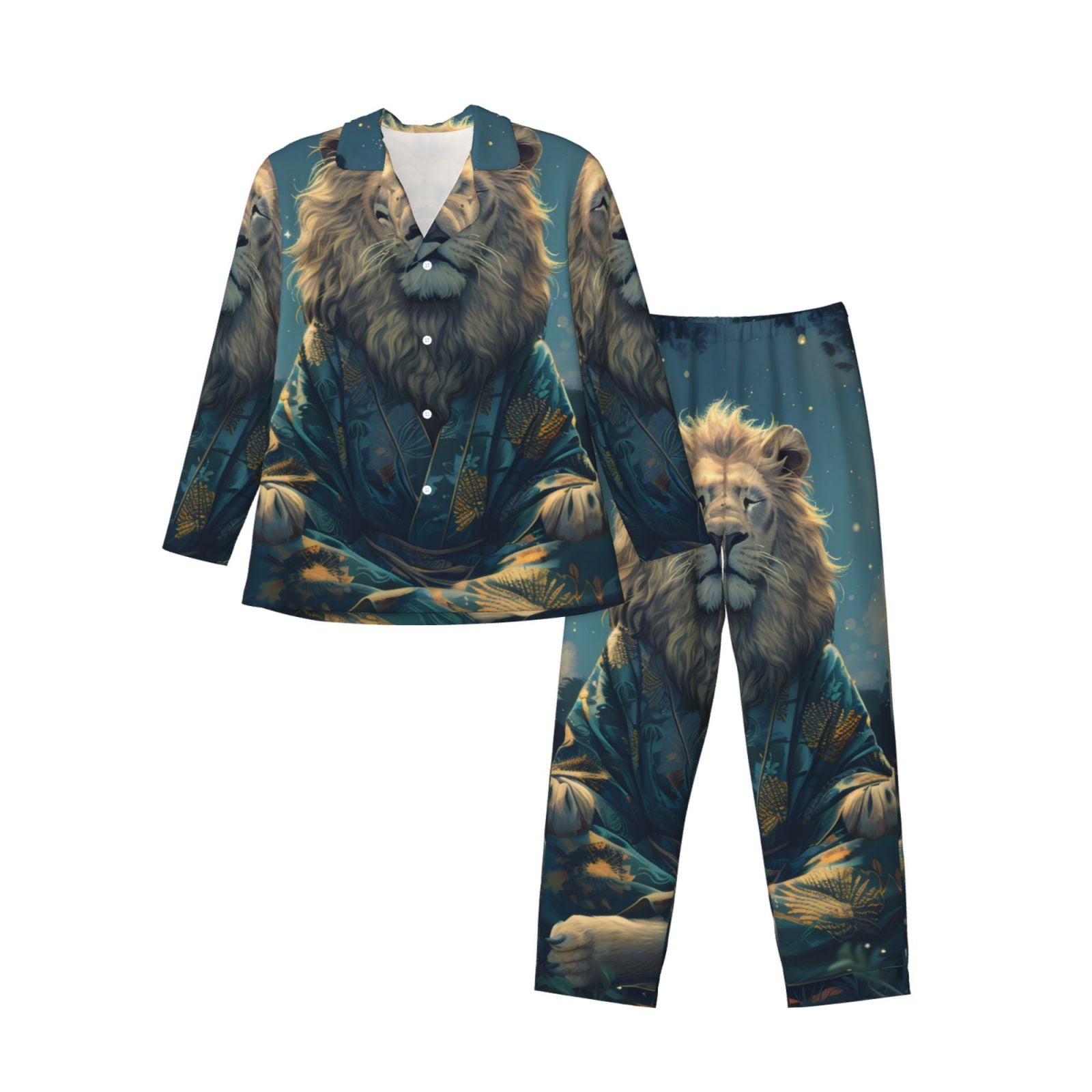 Saiise Starry Sky Meditating Lion Men's Sleepwear Set Lapel Neck Button ...