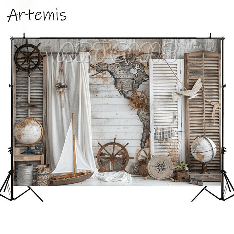 Sail Route Photography Background Globe Treasure Map Rudder Wave Brown ...