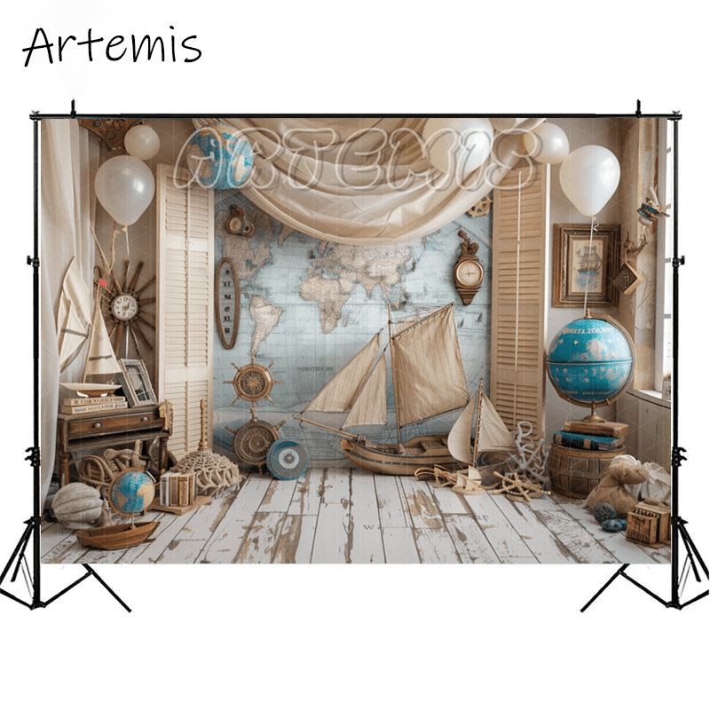 Sail Route Photography Background Globe Treasure Map Rudder Wave Brown ...