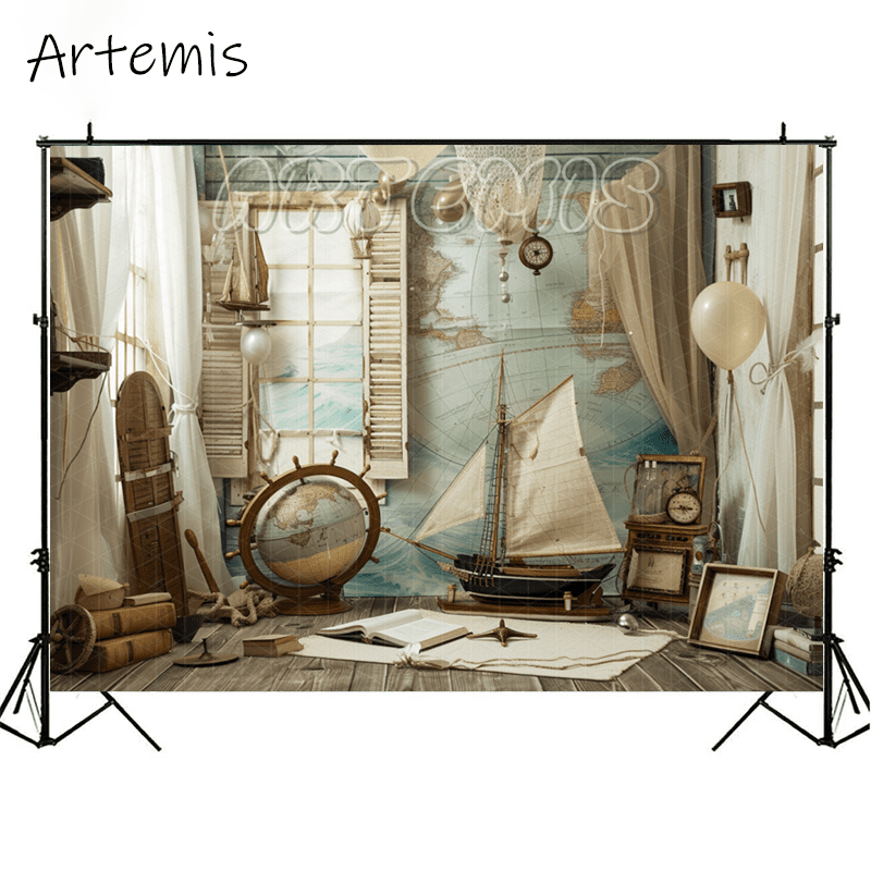 Sail Route Photography Background Globe Treasure Map Rudder Wave Brown ...